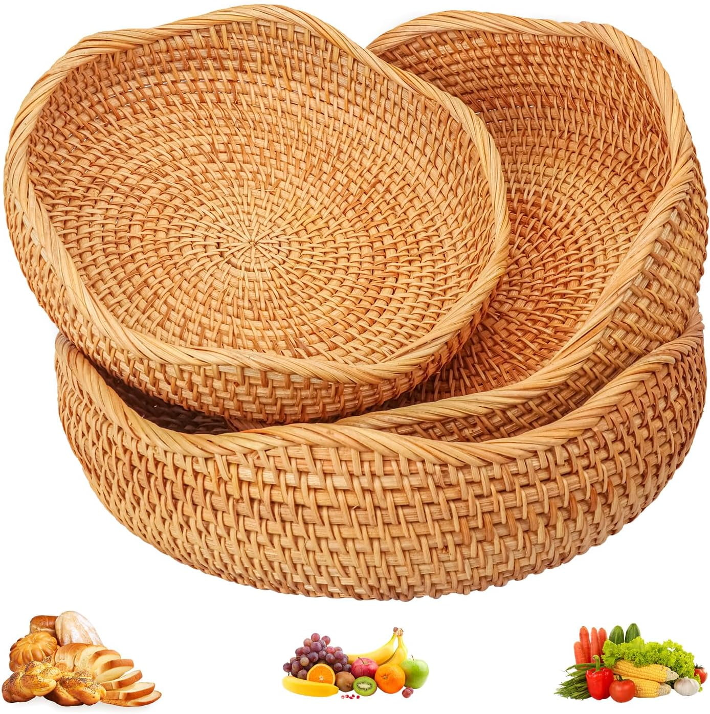 3 PCS Rattan Bread Basket - 3 Size Authentic Handmade Decorative Woven ...