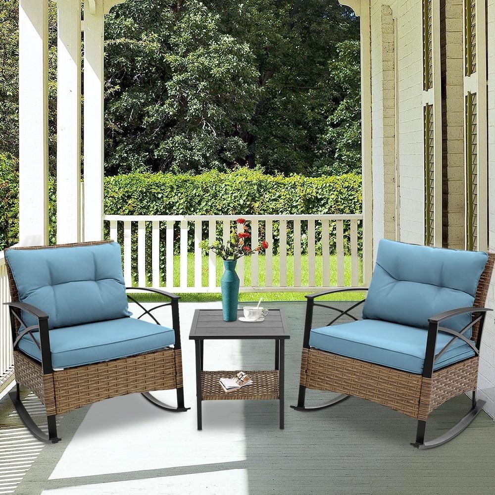 SEGMART 3 PCS Rocking Bistro Set, PE Rattan Patio Furniture with Tea ...