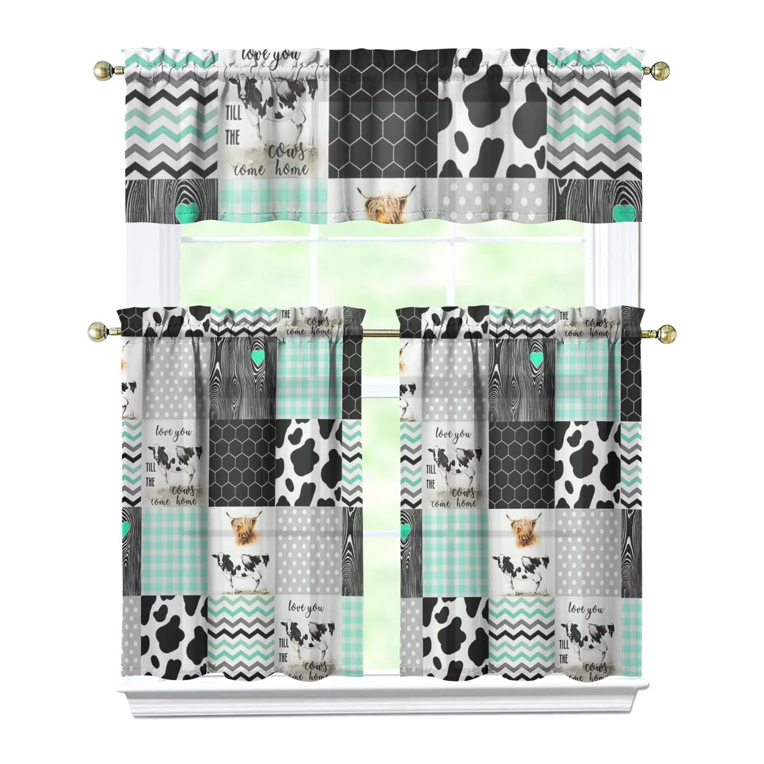 3 PCS Rustic Cow Print Curtains - Funny Highland Cow Design Kitchen ...
