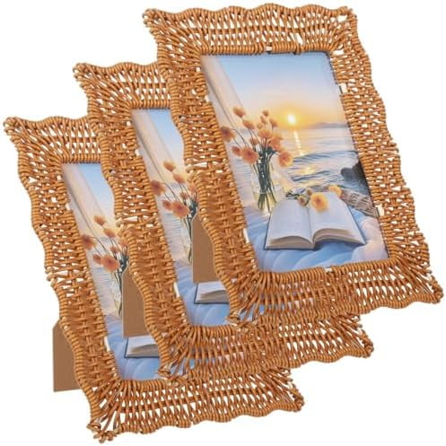 3 PCS Scalloped Picture Frame, 5 x 7 Inch Wicker Weave Rattan Photo ...