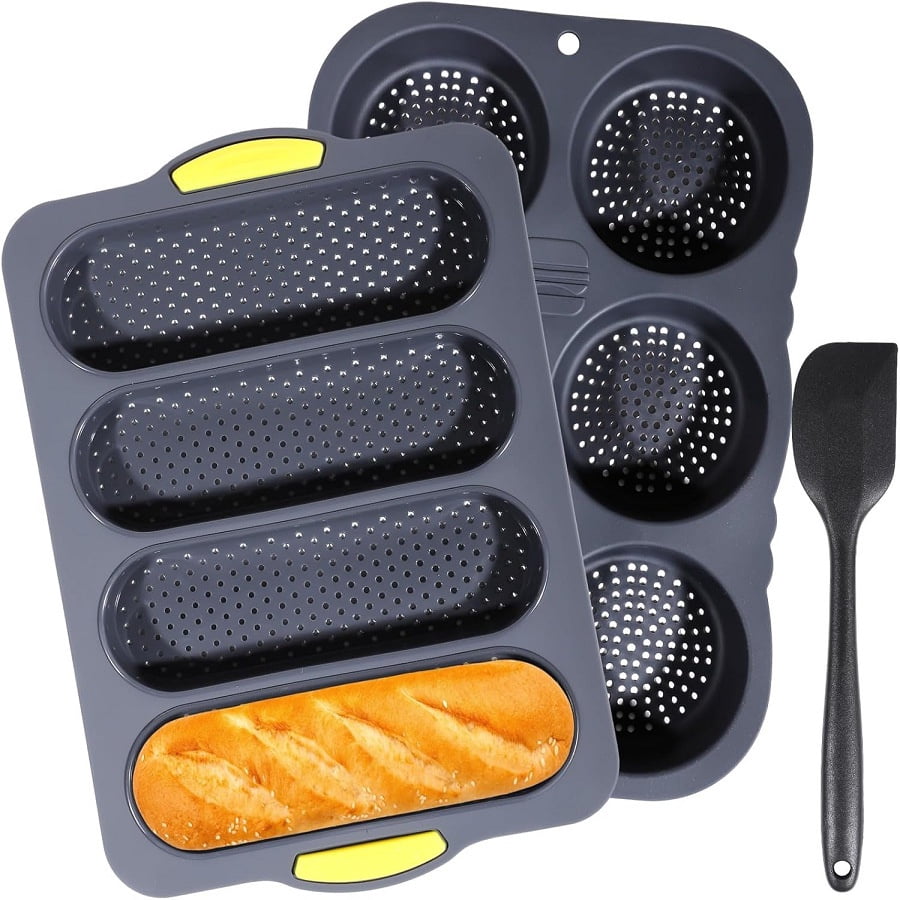 3 PCS Silicone Hamburger Bun Pan and Baguette Pan Set, Non-stick French ...