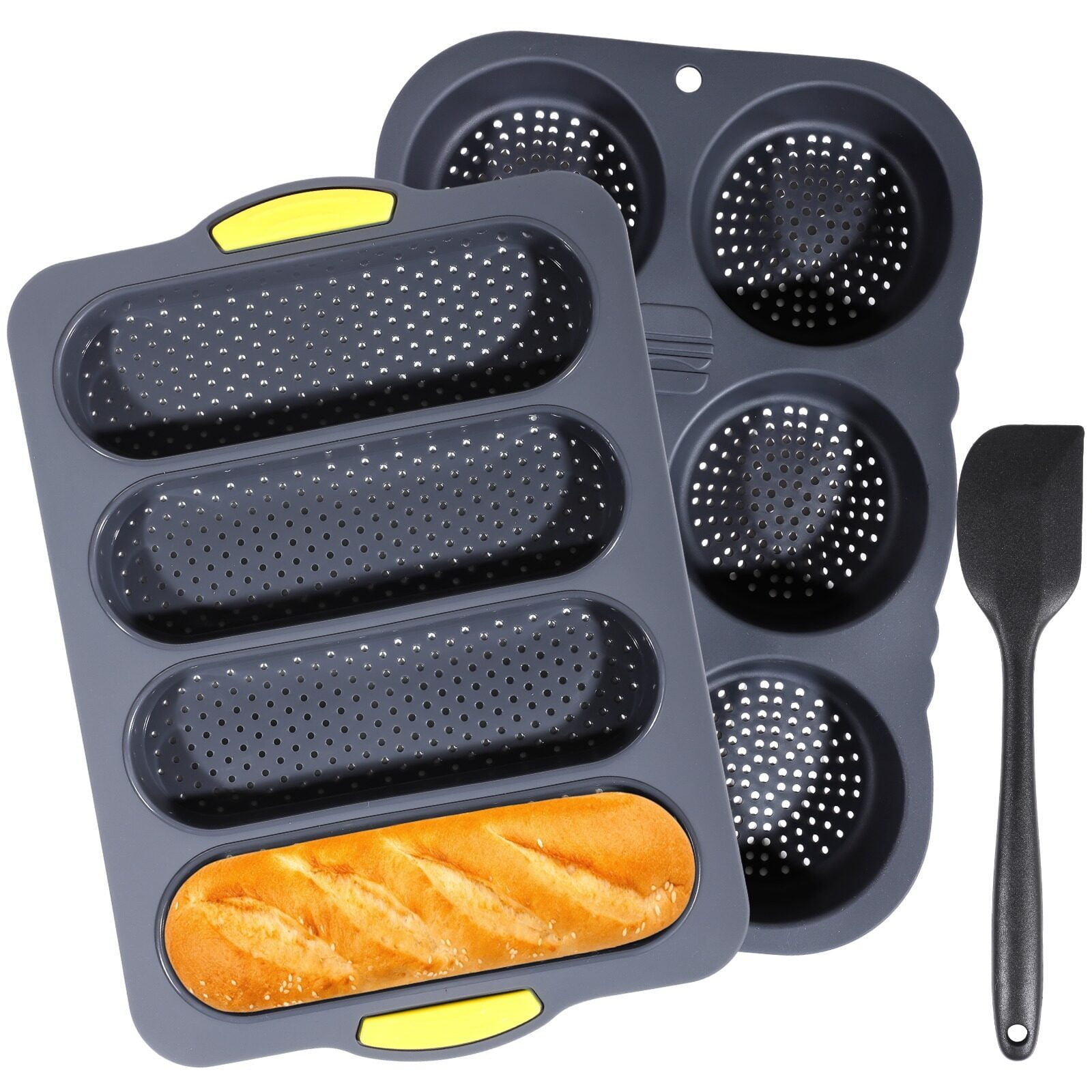 3 PCS Silicone Hamburger Bun and Baguette Pan Set with Scraper, 6 Cup ...