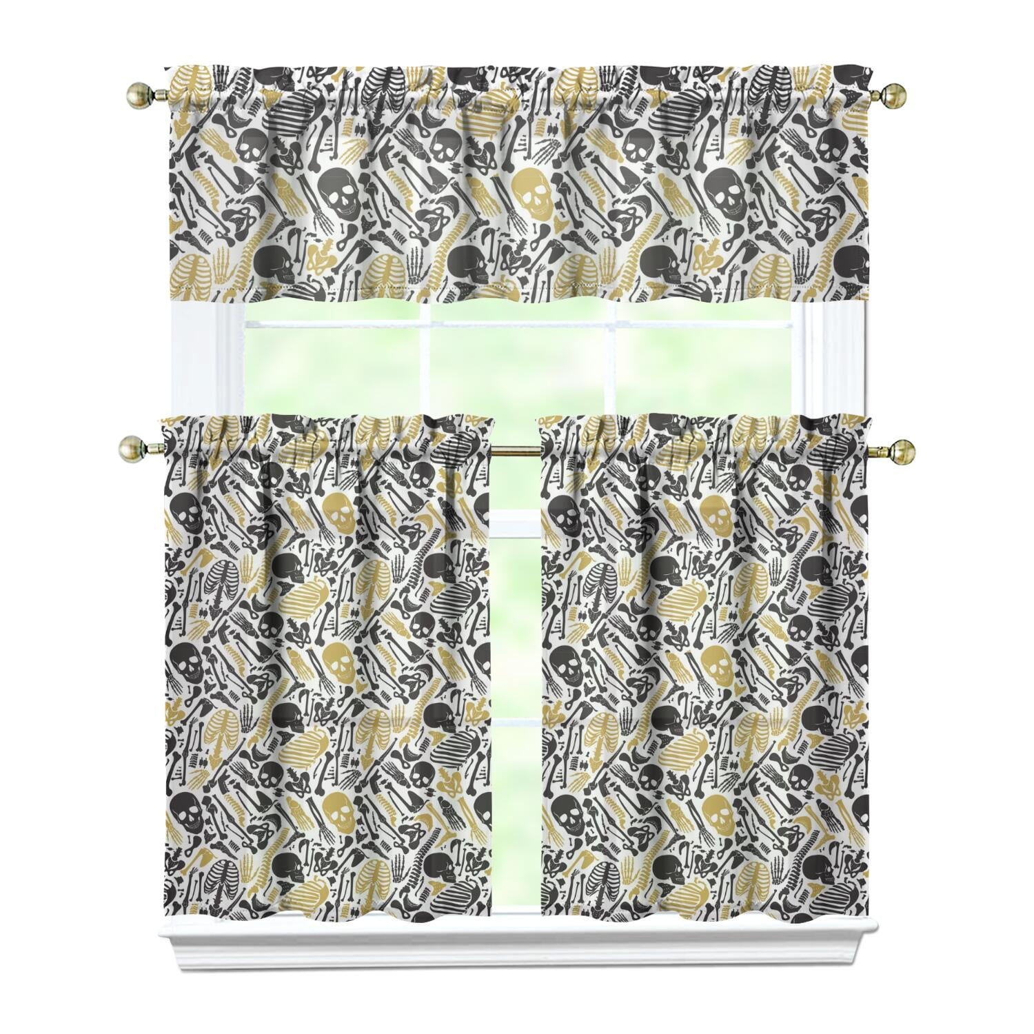 3 PCS Skeleton Roses Kitchen Curtains - Dead Day Skull Floral Gold ...