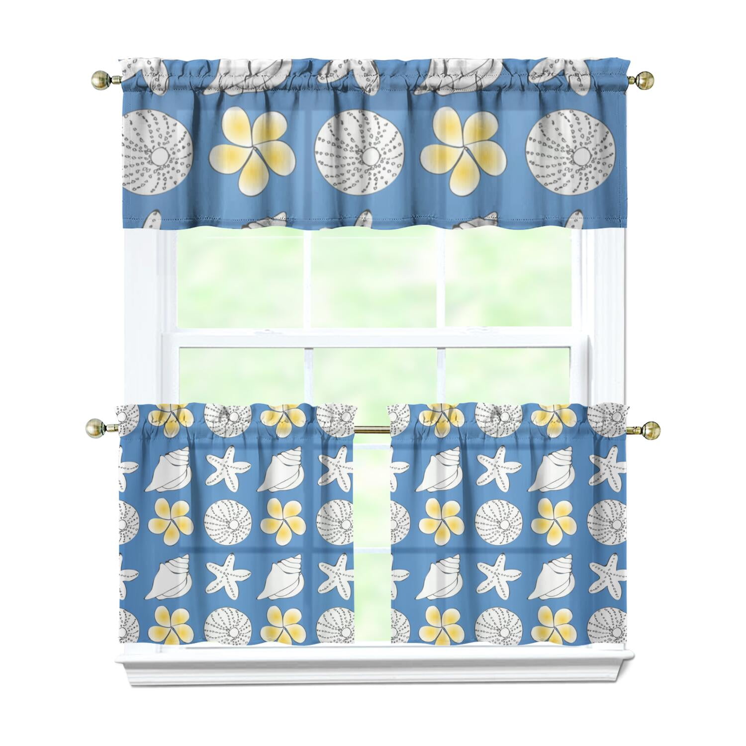 3 PCS Starfish Kitchen Curtains Set with Valance - Beach & Ocean Themed ...
