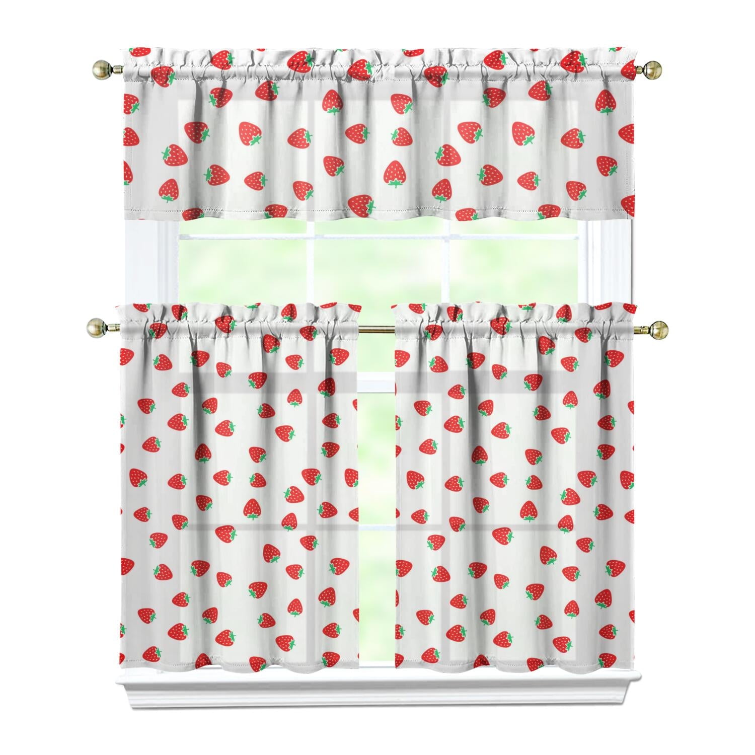 3 PCS Strawberry Kitchen Curtains Set with Valance - Cute Red Kawaii ...