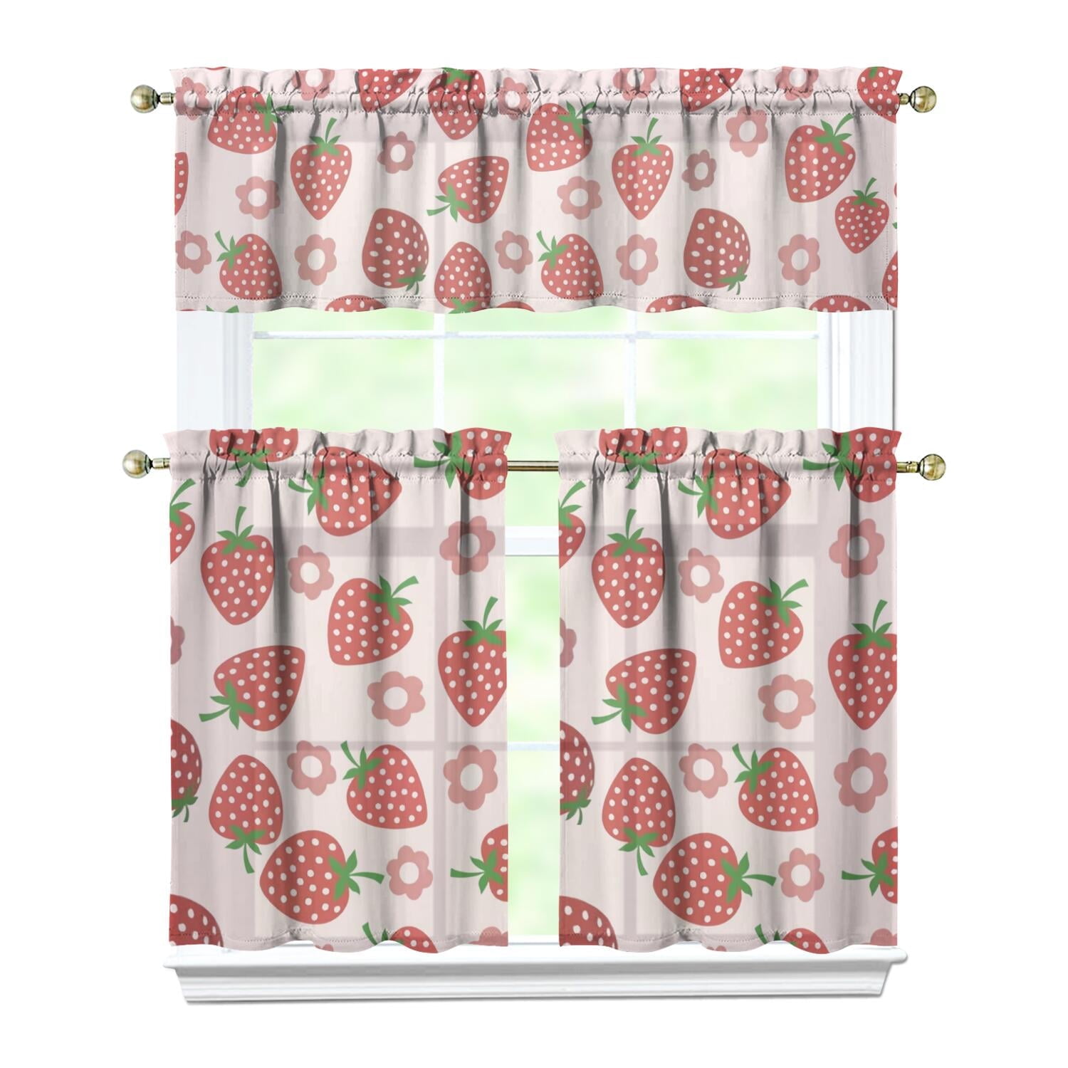 3 PCS Strawberry Kitchen Curtains Set with Valance - Cute Red Kawaii ...