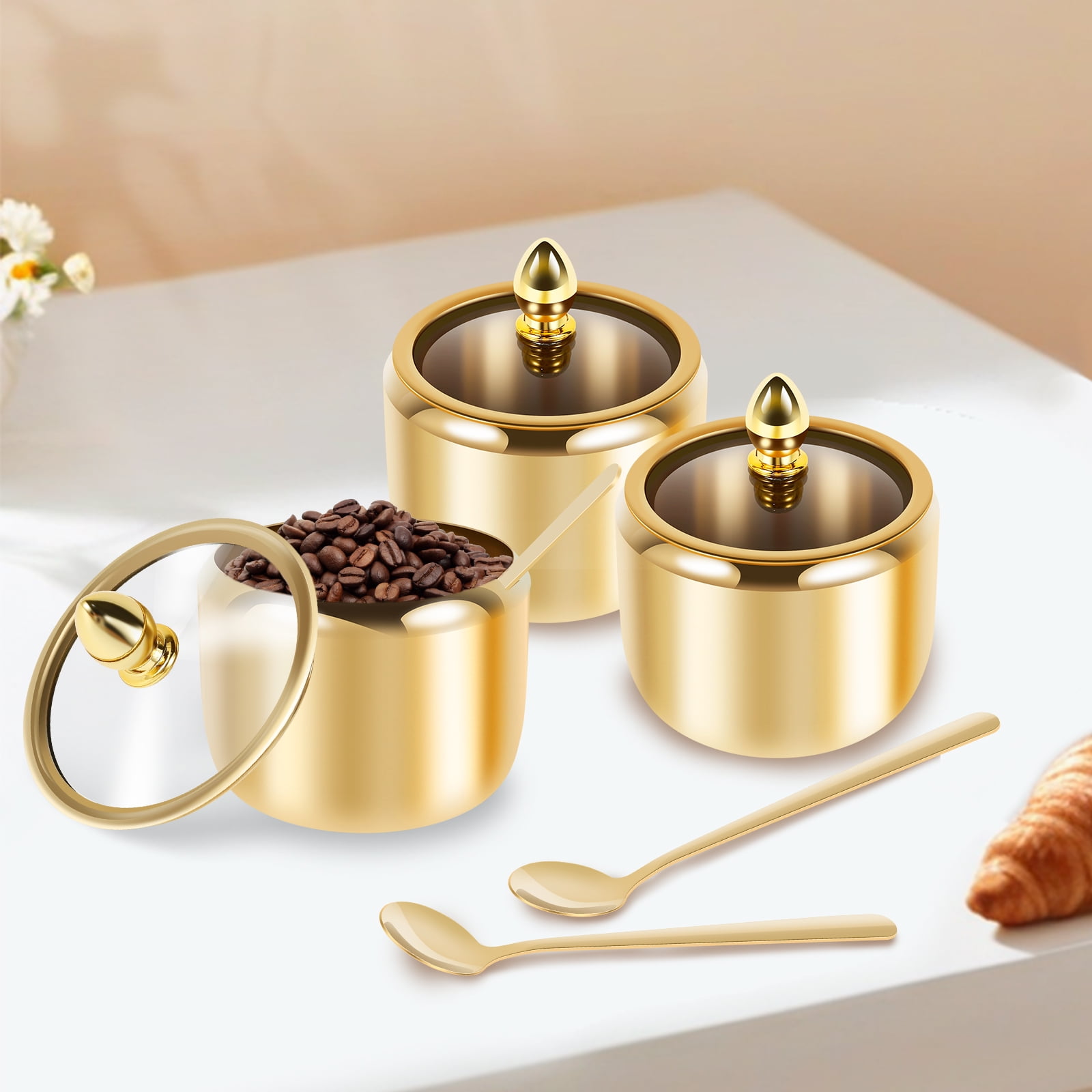3 PCS Sugar Container with Glass Lid and Spoon - 10oz Gold Sugar Bowl ...
