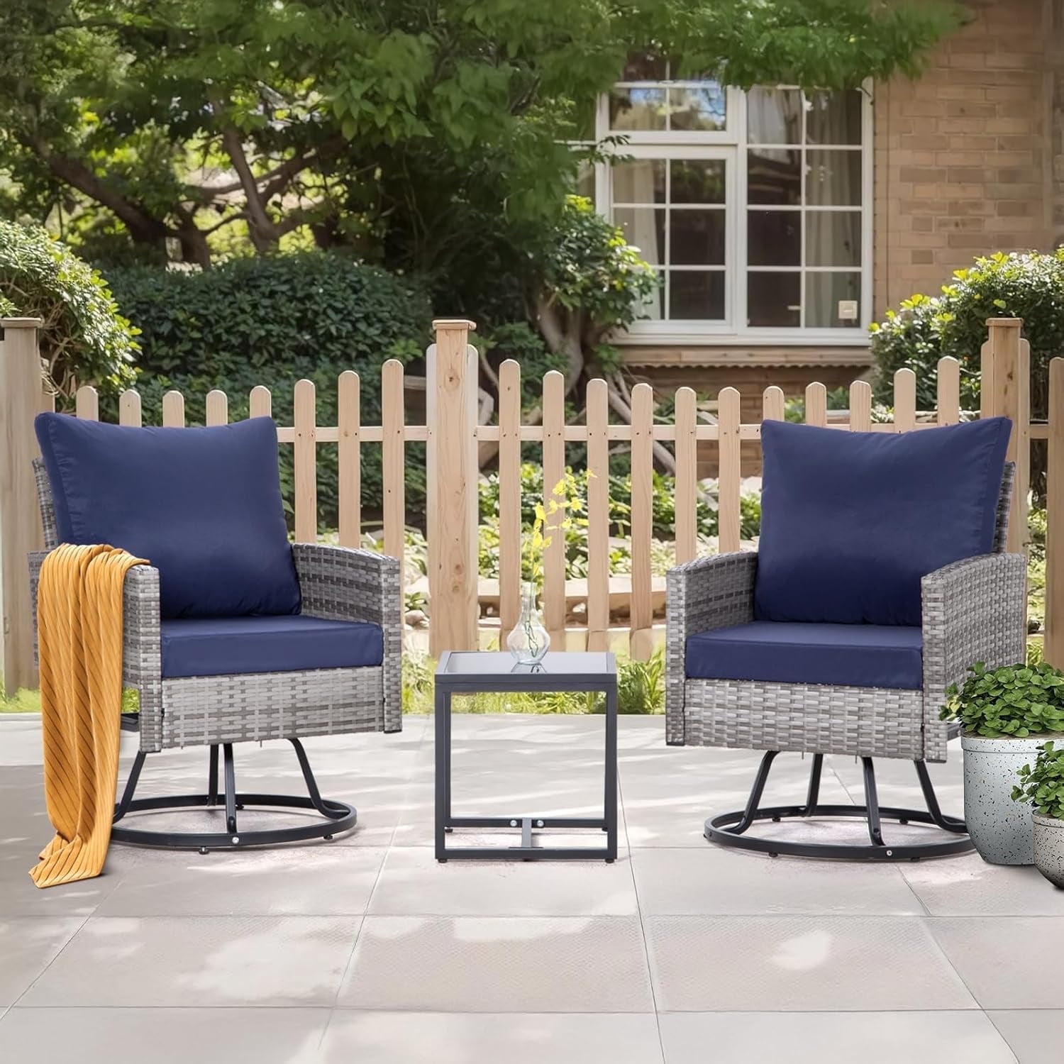3 PCS Swivel Outdoor Wicker Patio Chairs Set of 2, with 4-Inch Thick ...
