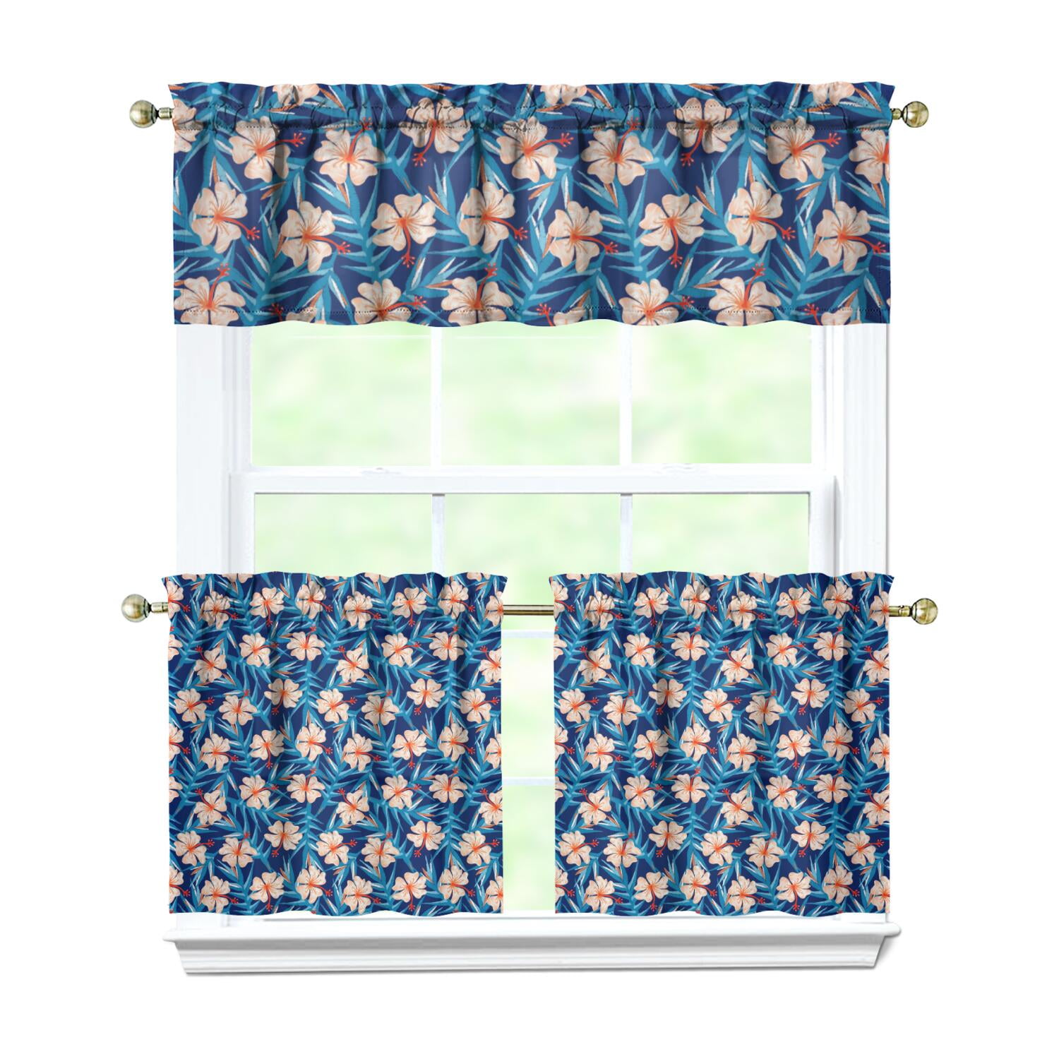 3 PCS Tropical Floral Kitchen Curtains Set with Valance - Exotic Floral ...
