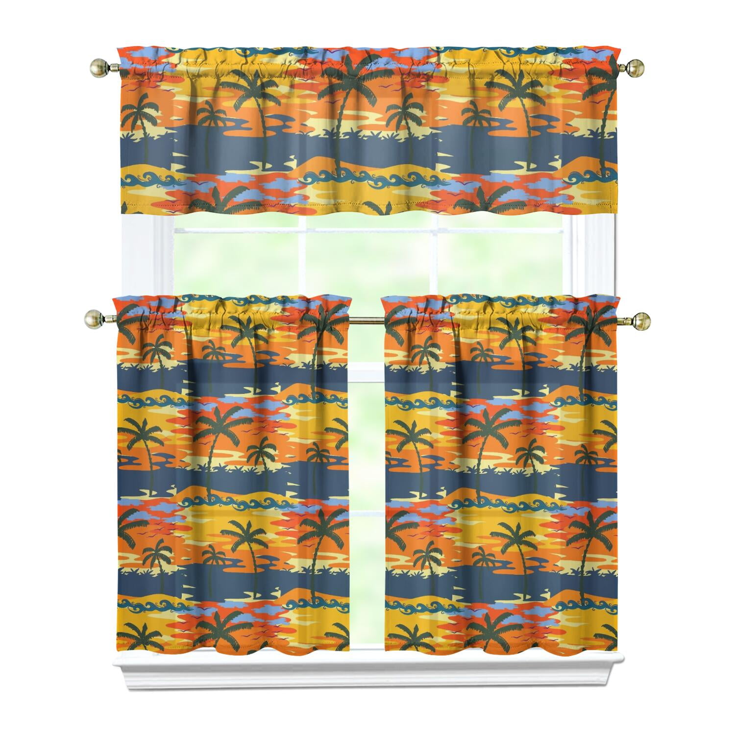 3 PCS Tropical Palm Trees Kitchen Curtains Set with Valance, Hawaii ...