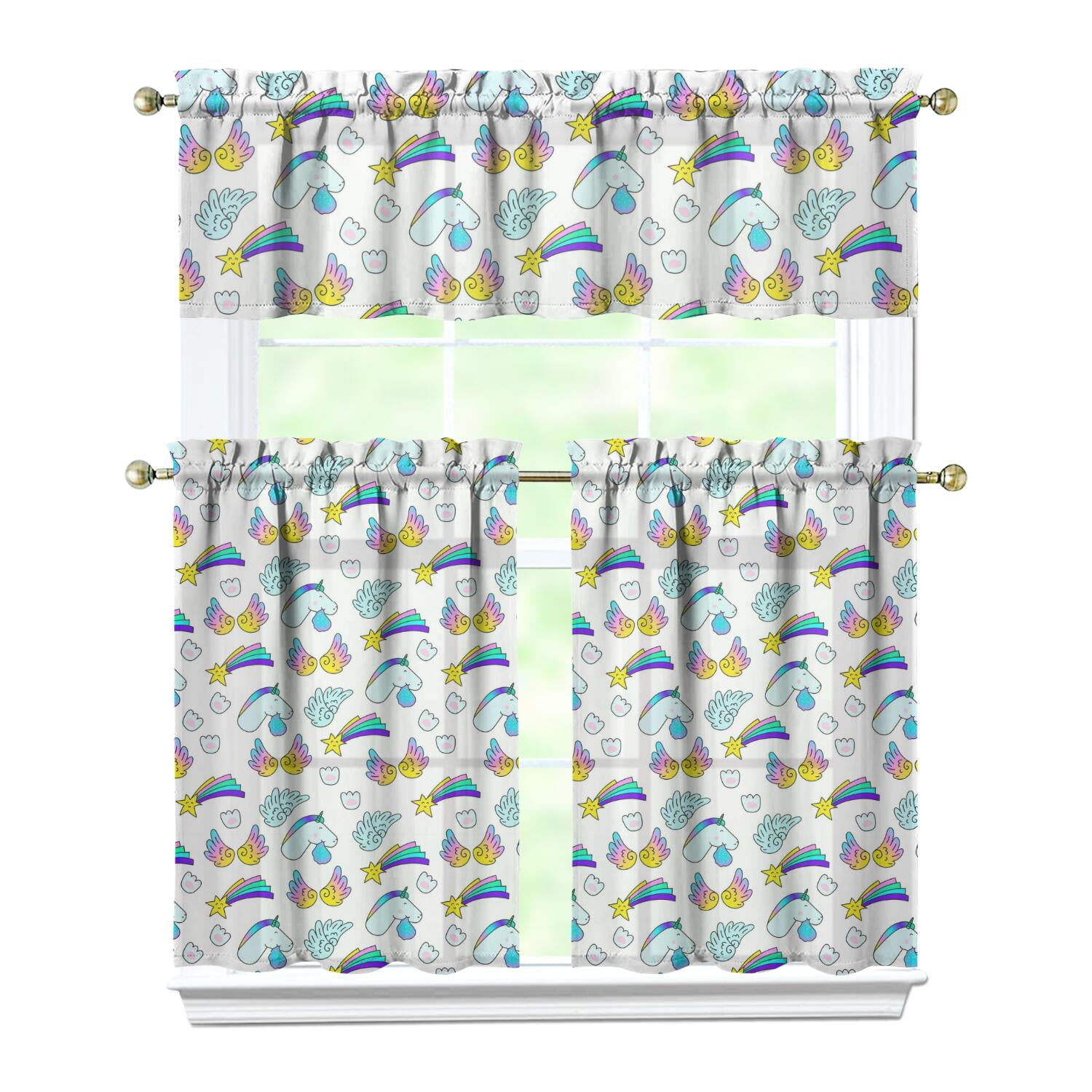 3 PCS Unicorn Print Kitchen Curtains Set with Valance, Rainbow Mythical ...
