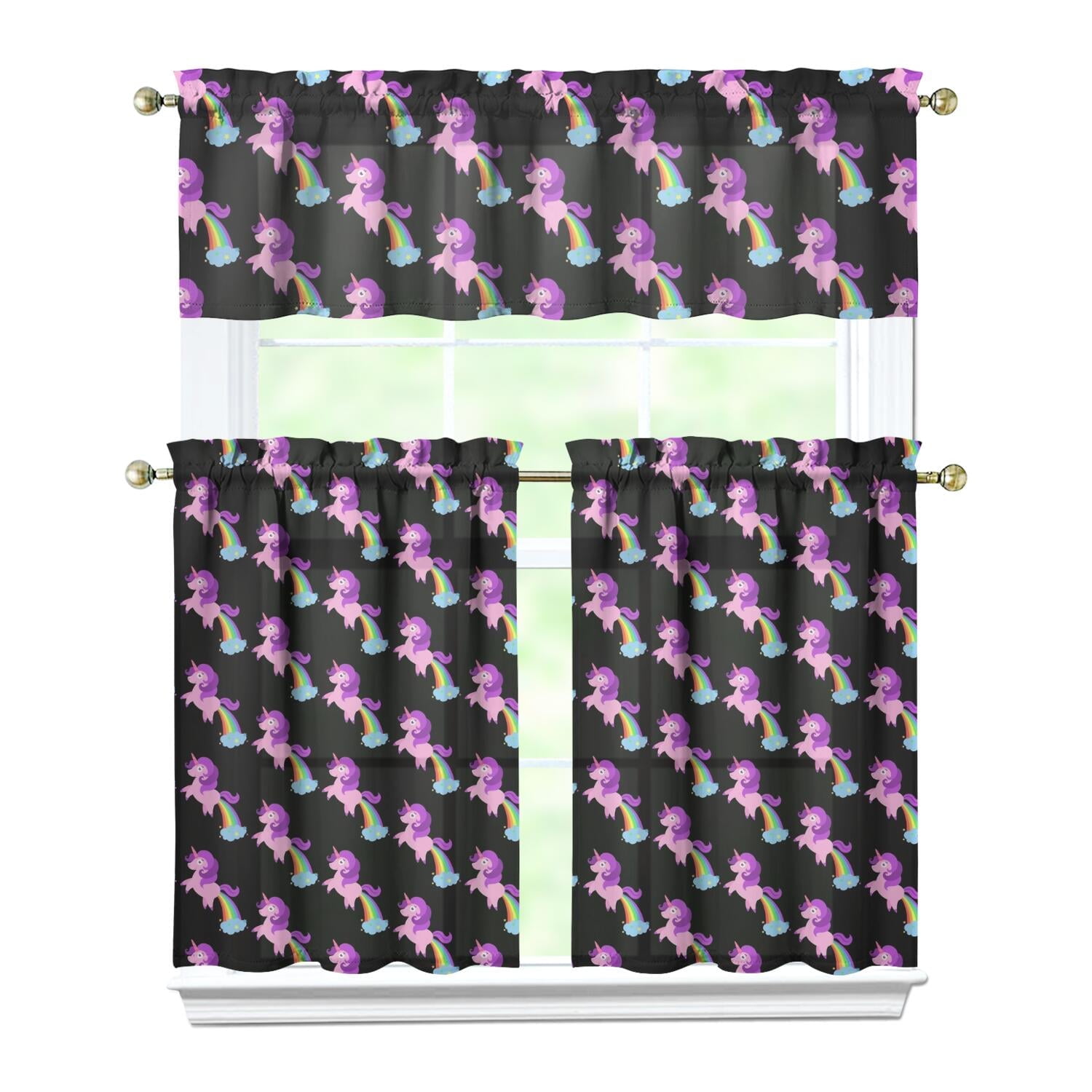 3 PCS Unicorn Print Kitchen Curtains Set with Valance, Rainbow Mythical ...