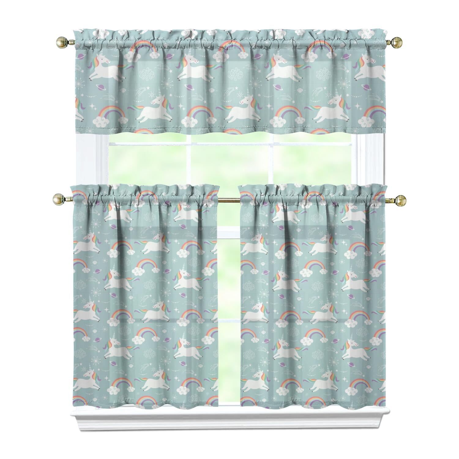 3 PCS Unicorn Print Kitchen Curtains Set with Valance, Rainbow Mythical ...