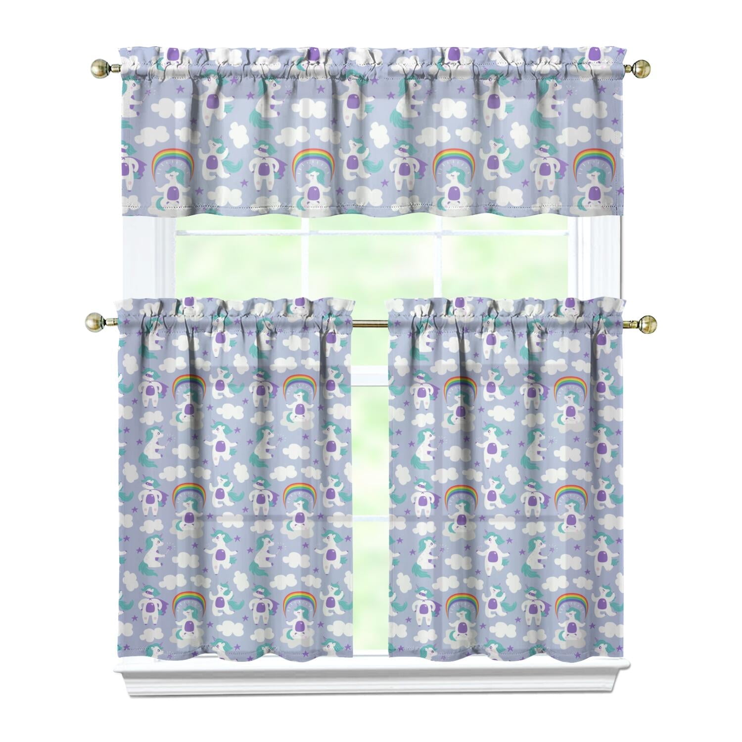 3 PCS Unicorn Print Kitchen Curtains Set with Valance, Rainbow Mythical ...