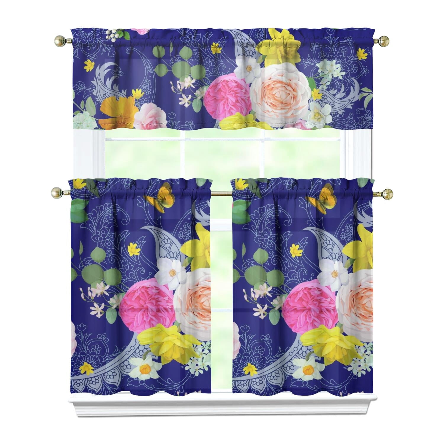 3 PCS Vintage Paisley Kitchen Curtains Set with Valance - Boho Ethnic ...