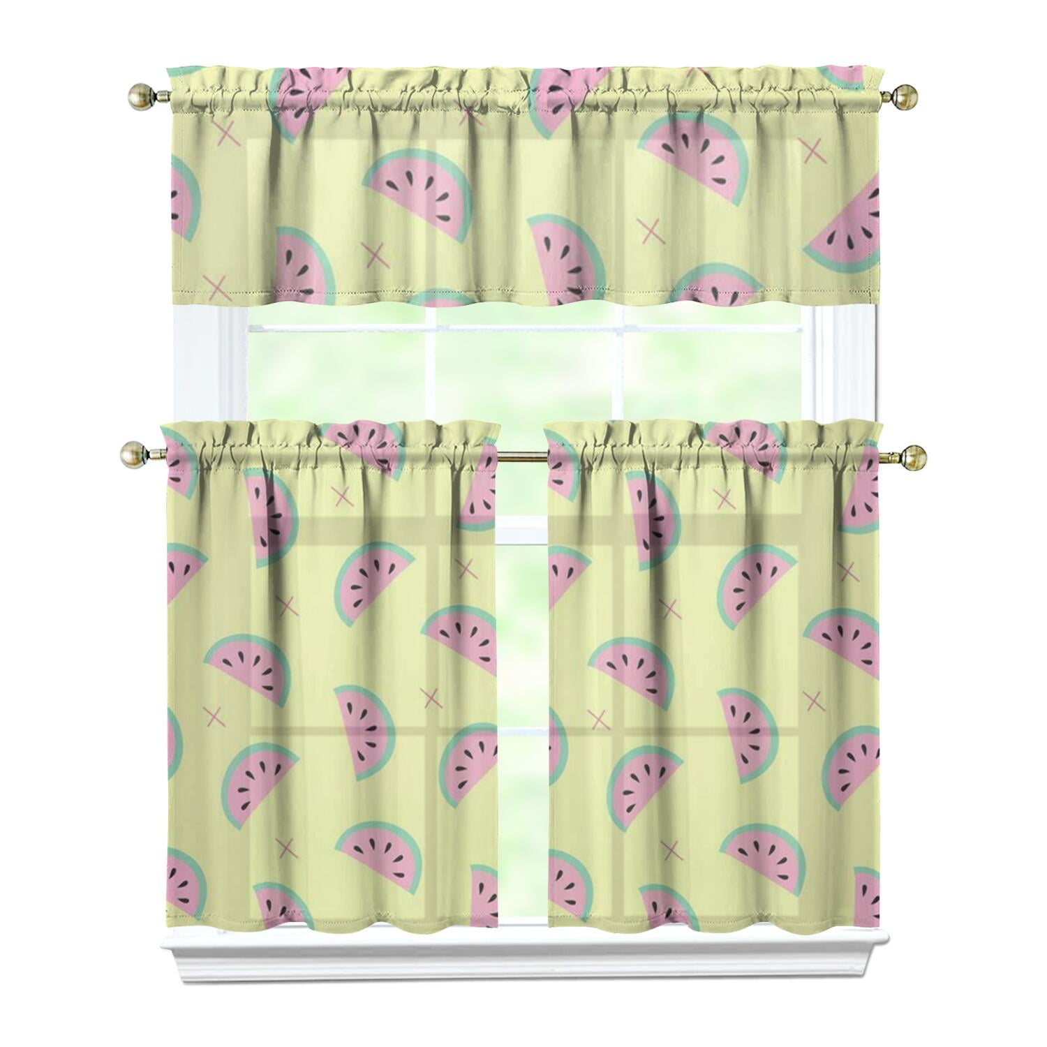 3 PCS Watermelon Print Kitchen Curtains Set with Valance - Tropical ...