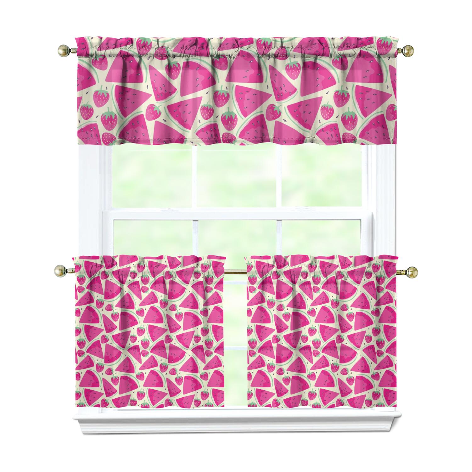 3 PCS Watermelon Print Kitchen Curtains Set with Valance - Tropical ...