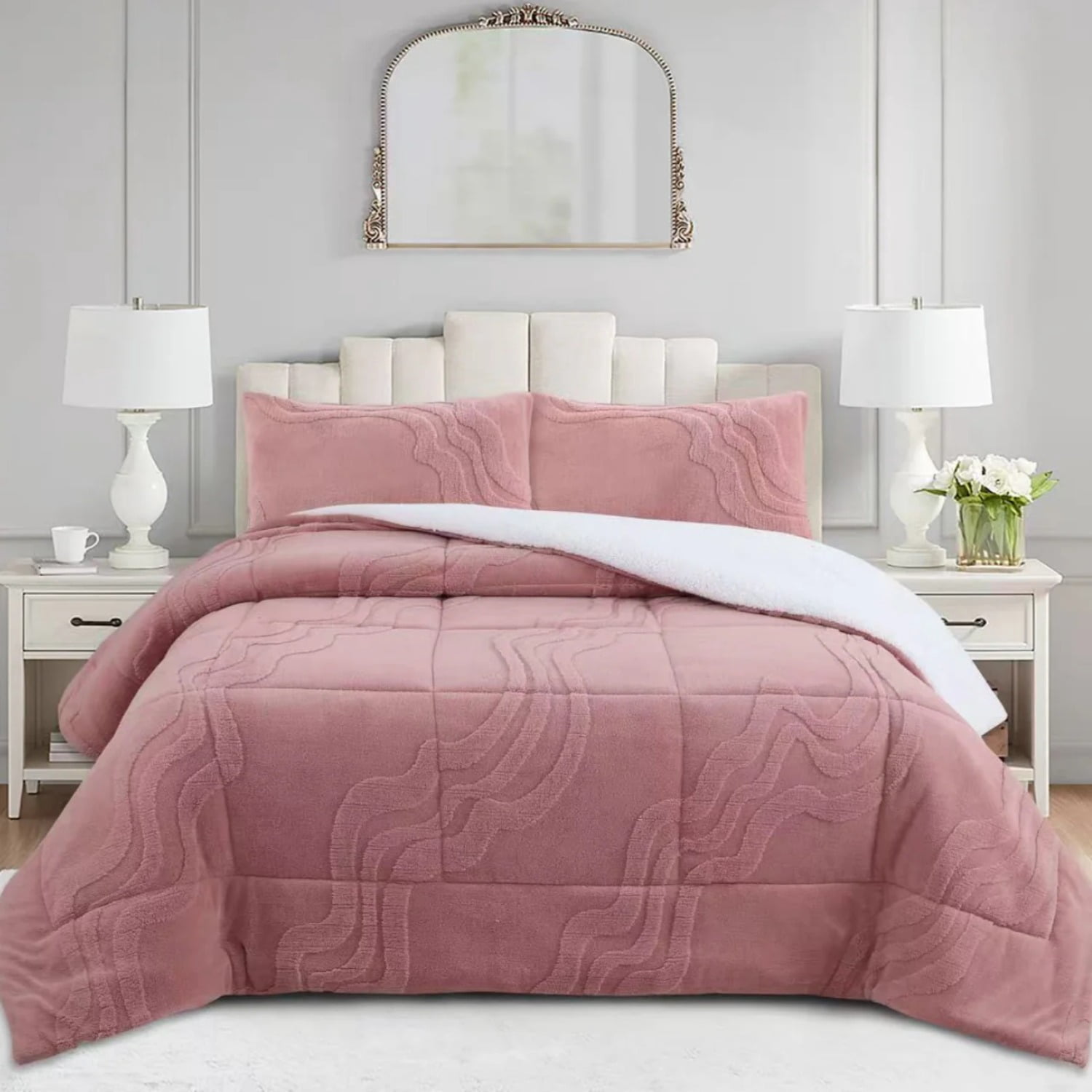 3 PCS Wave Jacquard Sherpa Comforter Set, Ultra Soft Warm Plush ...