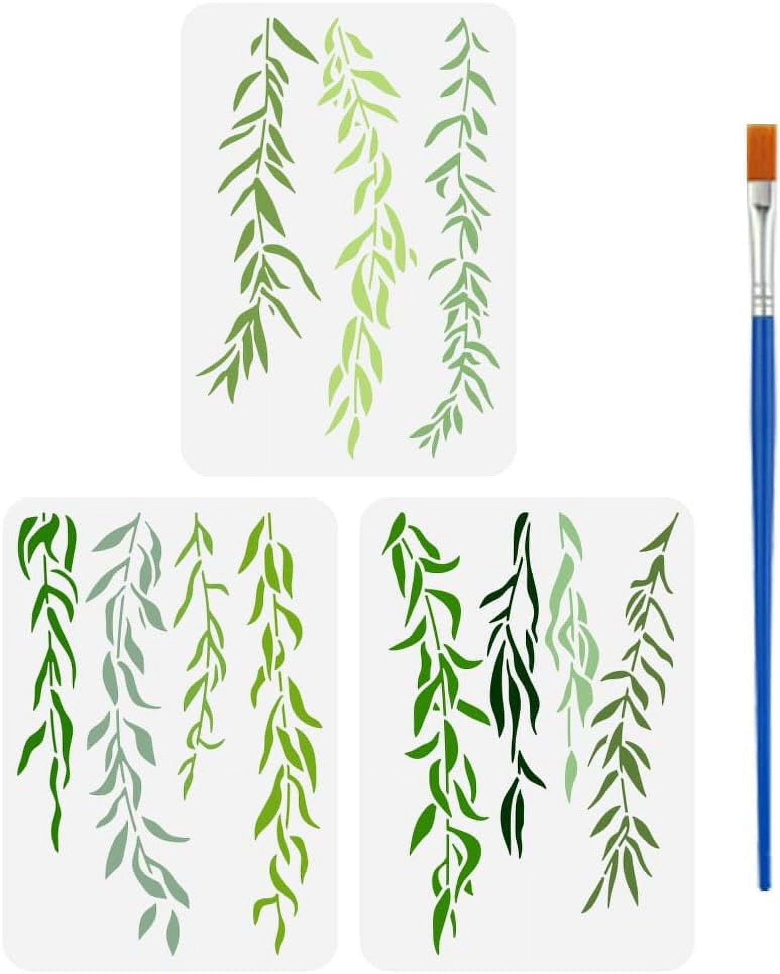 3 PCS Willow Leaves Painting Stencil with a Paint Brush 8.3x11.7inch 3 Styles Weeping Leaves ...