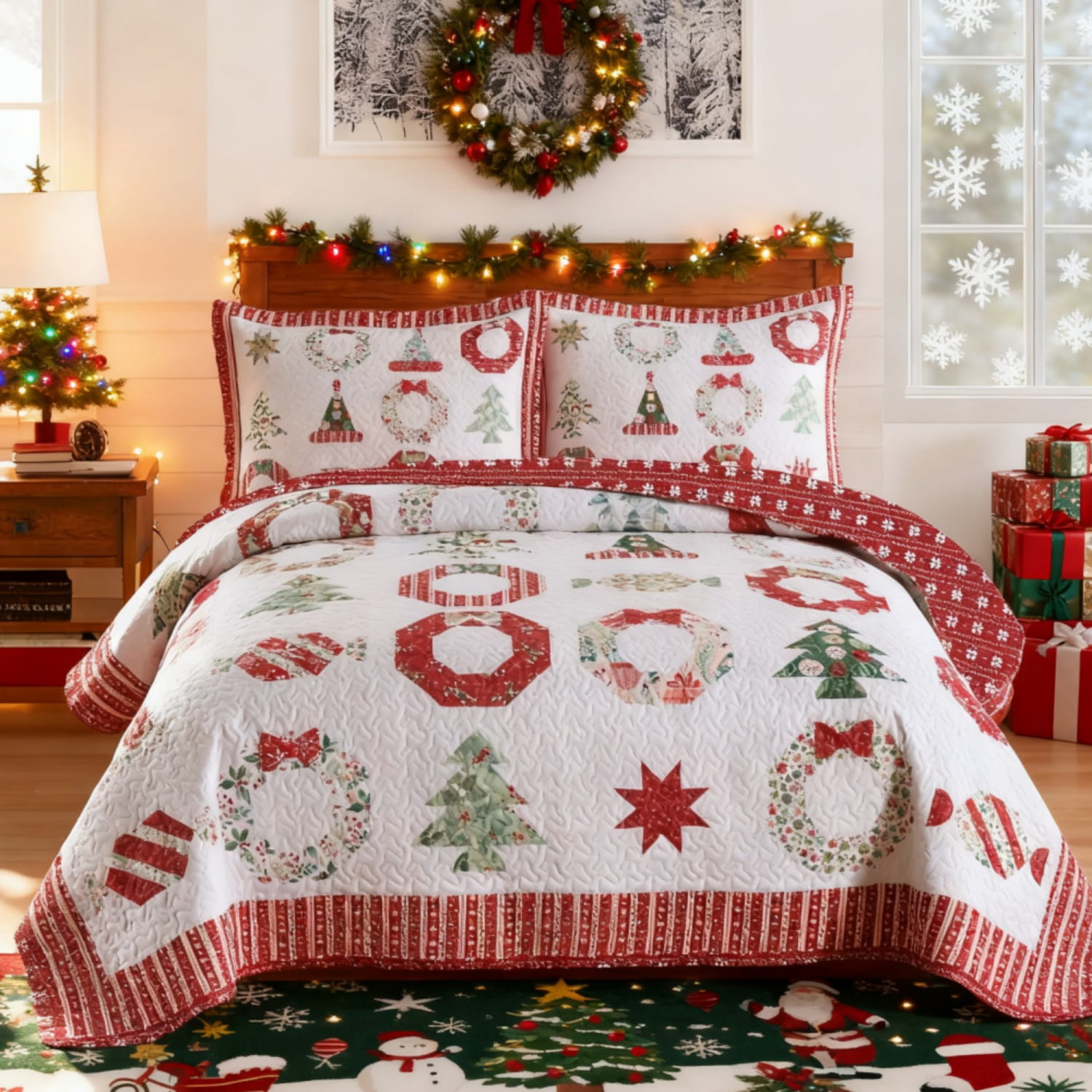3 PCS Winter Christmas Quilt Bedspread Set - Festive Holiday Bedding ...