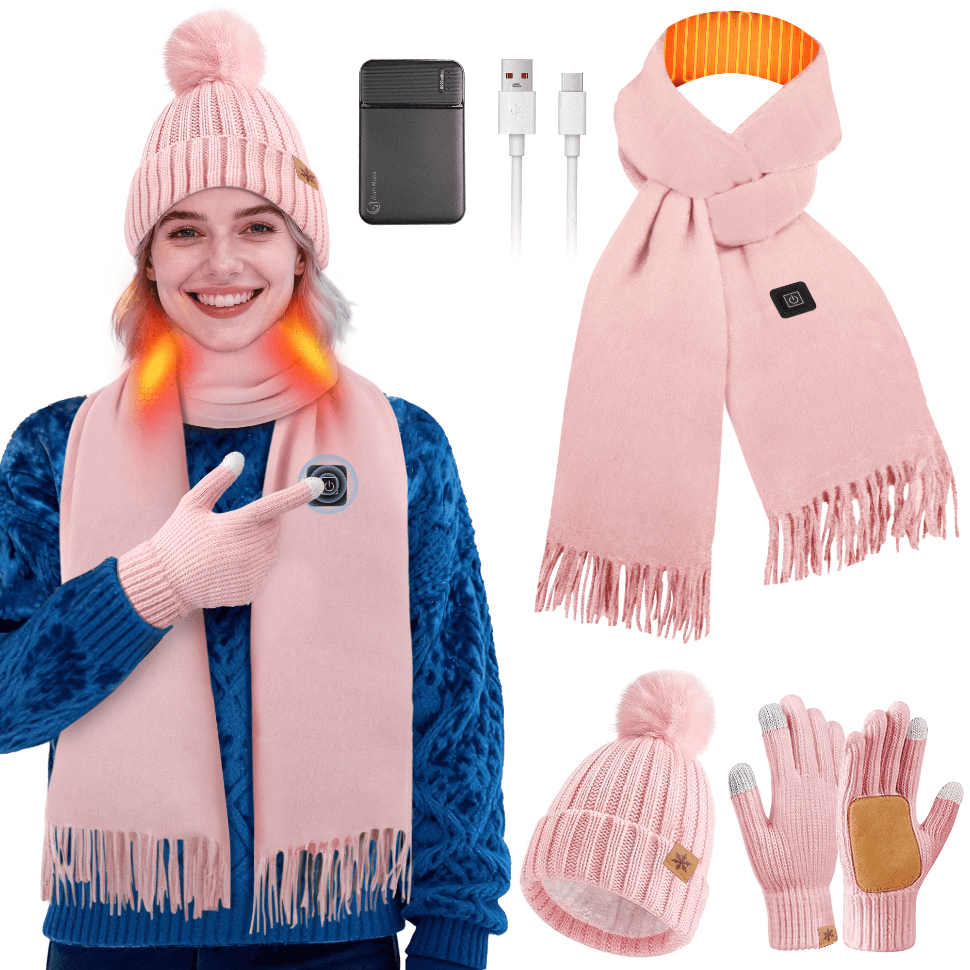 Heated Scarf for Women, 3Pcs Heated Scarf for Men Hat Gloves Set USB ...
