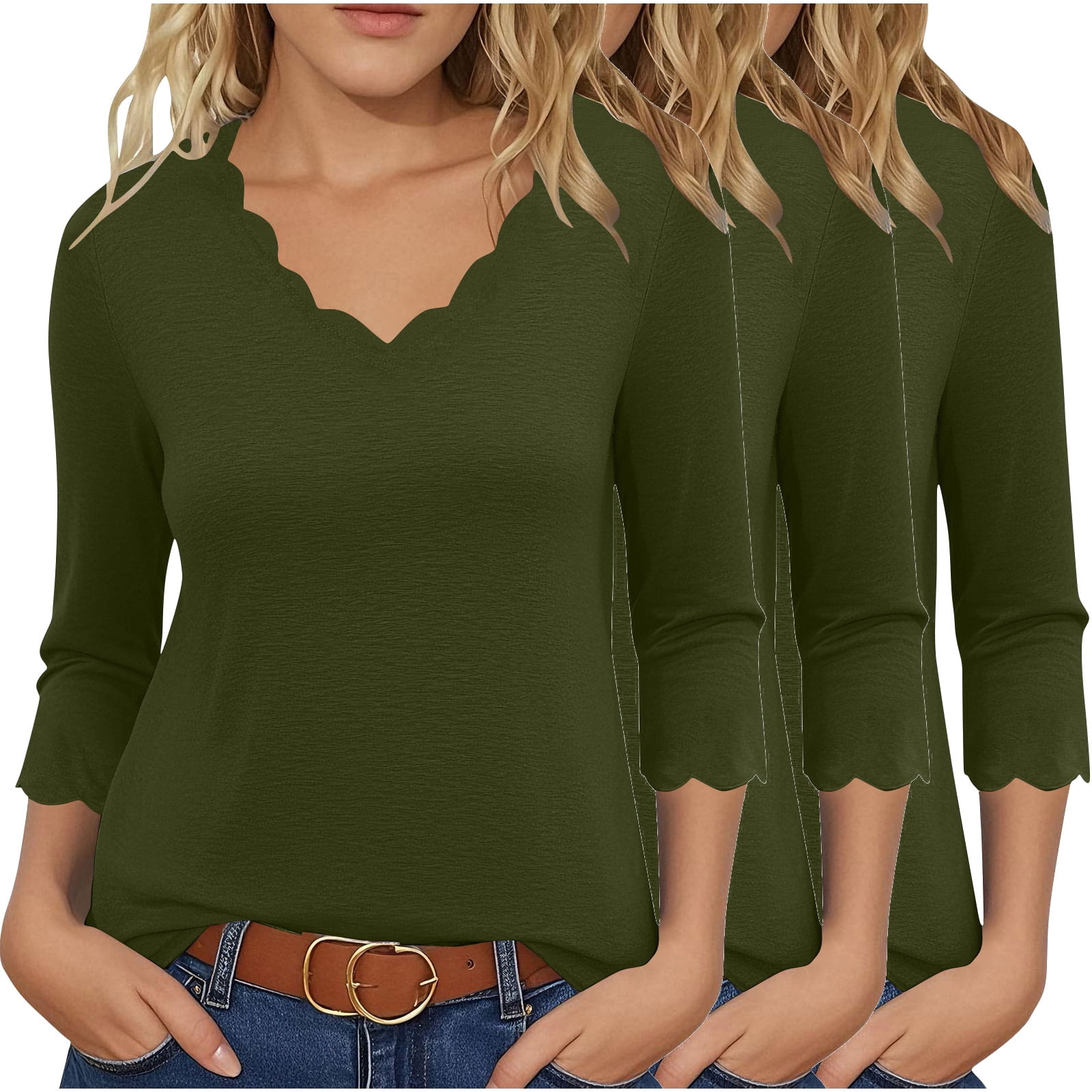 3 PCS Womens 3/4 Sleeve Tops V Neck Scallop Trim Loose Casual Blouses ...