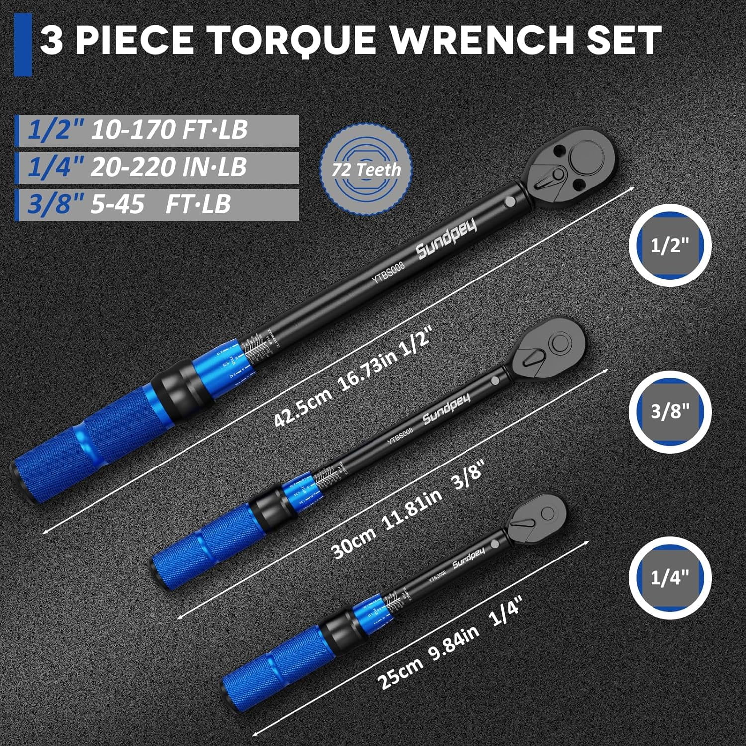 3-PCs Torque Wrench Set - 72 Teeth Dual-Scales Torque Wrench kit Include 1/4" 3/8" 1/2" Wrenches ...