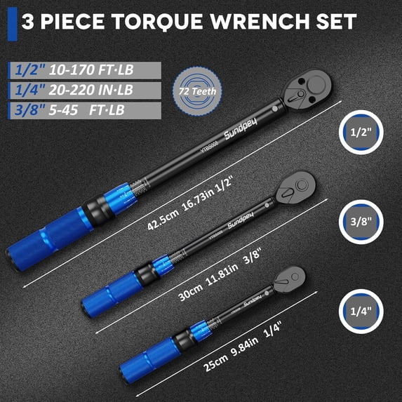 3-PCs Torque Wrench Set - 72 Teeth Dual-Scales Torque Wrench kit Include 1/4" 3/8" 1/2" Wrenches ...