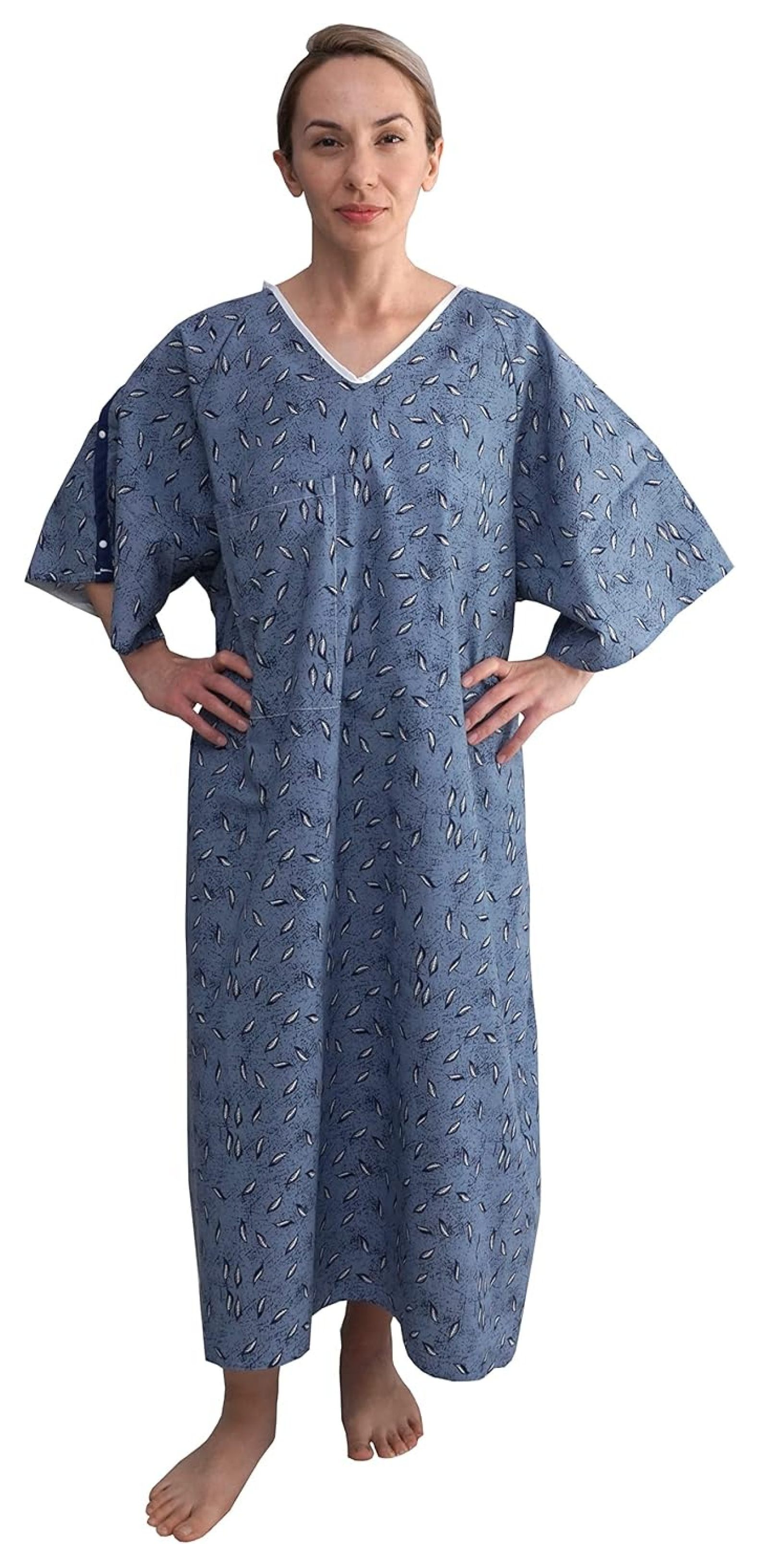 3 PK 3XL Hospital Gown – Blue Leaf Print V-Neck Unisex Patient Robe ...