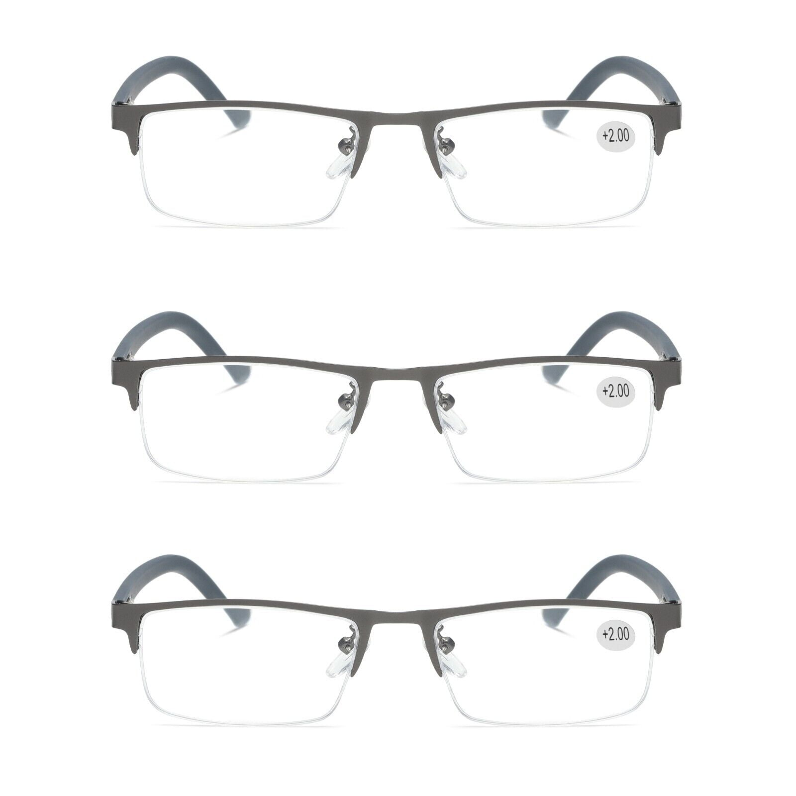3 Pk Mens Blue Light Blocking Reading Glasses Rectangular Metal Half Frame Spring Hinge