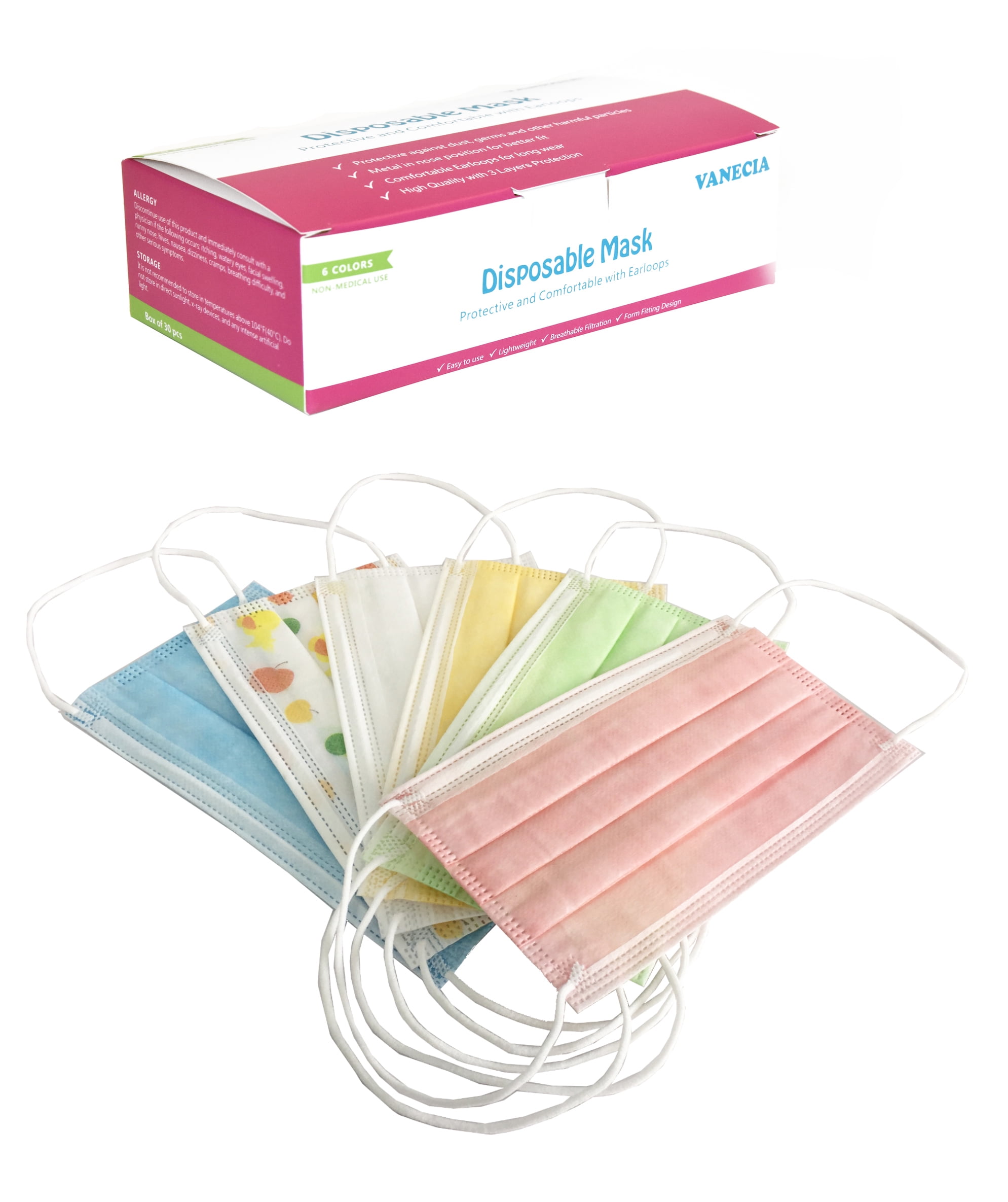 3-PLY Earloop Face Masks, 6 Colors, 30 ct Size 30-pcs (Color1 ...