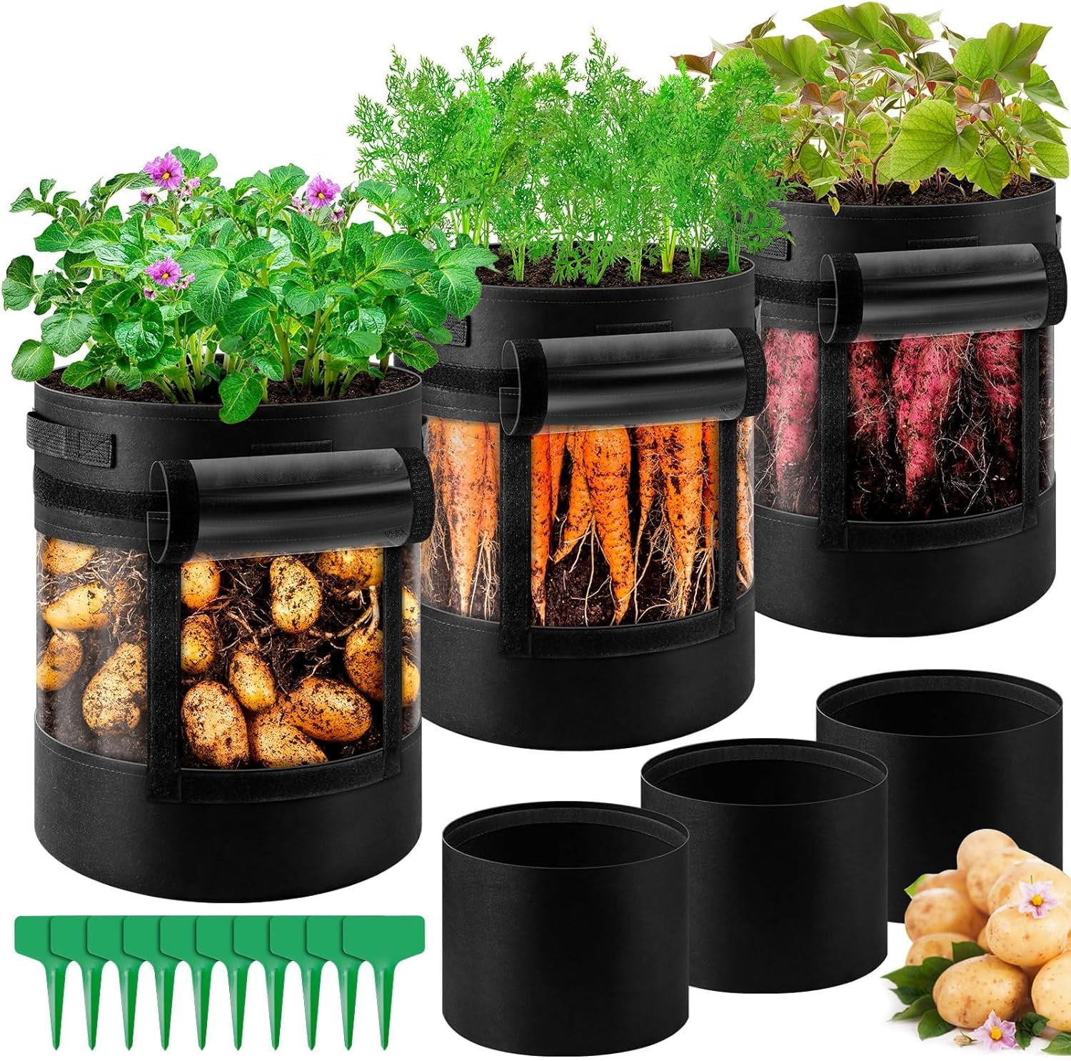 3 Pack 10 Gallon 360° Visibility Potato Grow Bags with Shading Flap ...