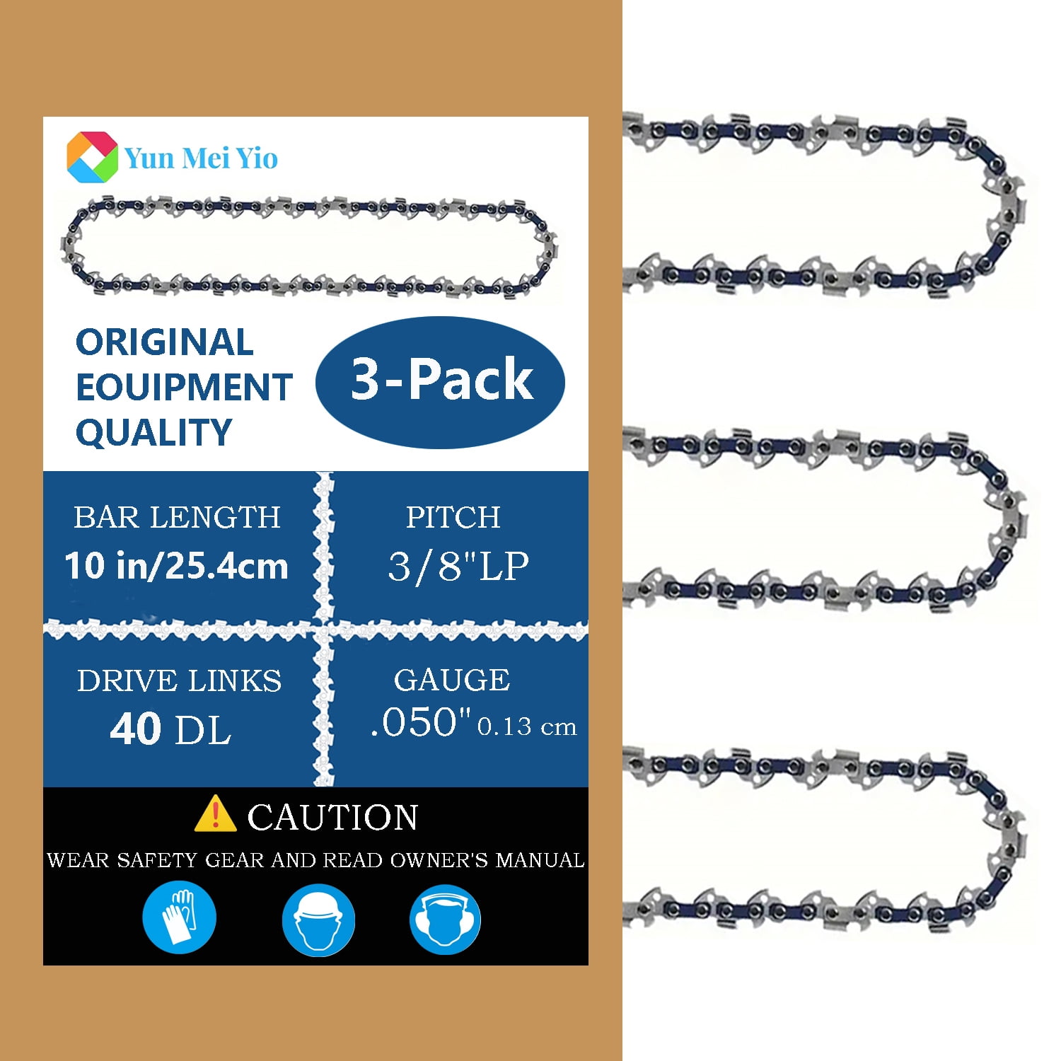 3 Pack 10 Inch Chainsaw Chain S40 3/8" LP Pitch .050" Gauge 40 Drive ...