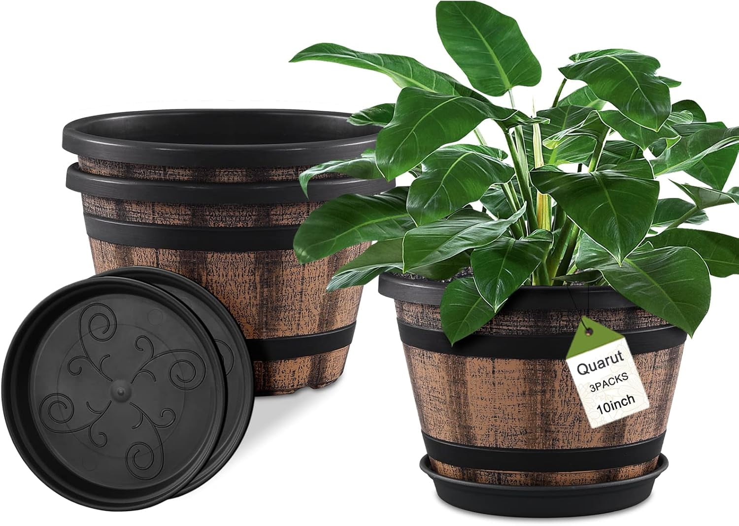 3 Pack 10 Inch Planter Pots, Whiskey Barrel Planter Pots with Drainage ...