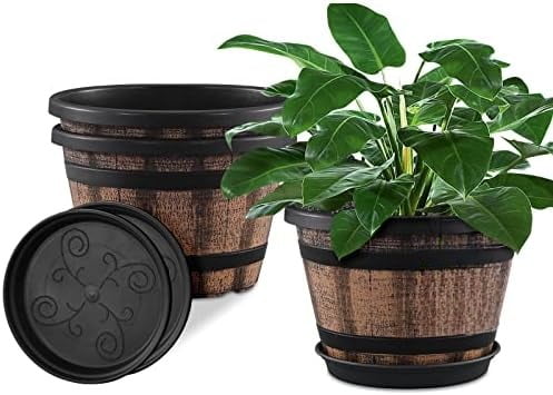 3 Pack 10 inch Plant Pots,Whiskey Barrel Planters with Drainage Holes ...