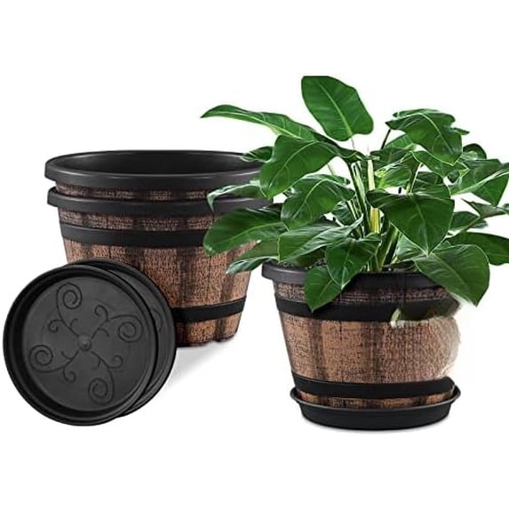 3 Pack 10 inch Plant Pots,Whiskey Barrel Planters with Drainage Holes ...