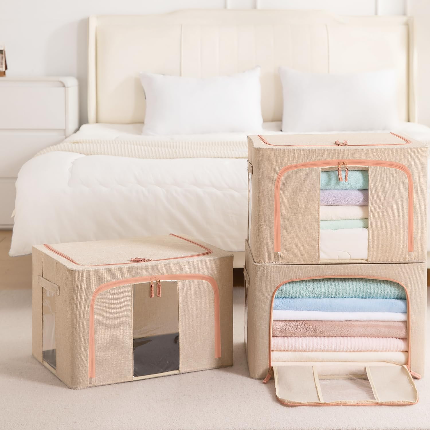 3 Pack 100L Stackable Clothes Storage Bins with Metal Frame Handles ...