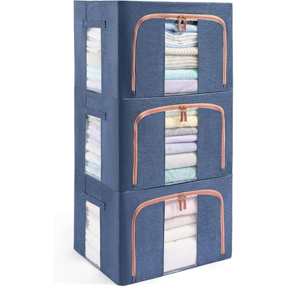 3 Pack 100L Stackable Clothes Storage Bins with Metal Frame Handles ...