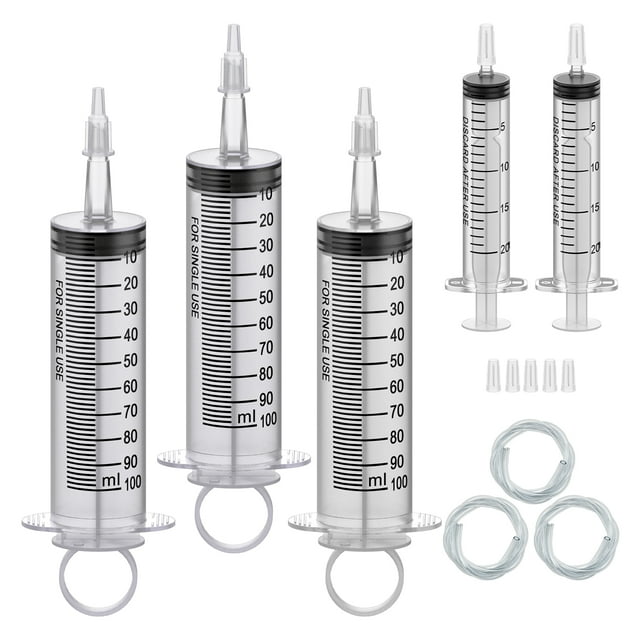5 Pack Kit - 3x 100ML & 2x 20ML Syringes with Soft Tube & Cap, Sterile ...