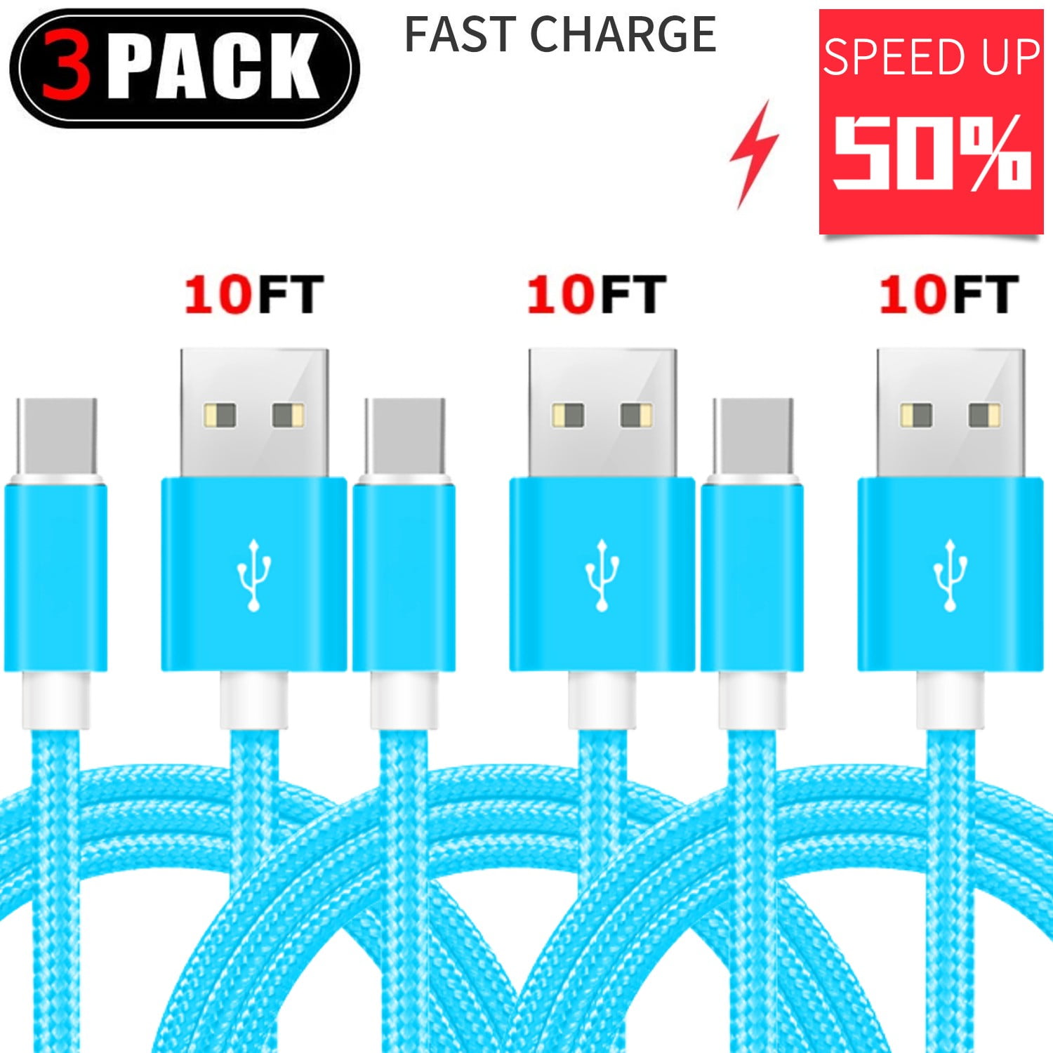 3 Pack 10FT Blue Type C USB-C Charger Cable Cord Braided 3A Fast ...