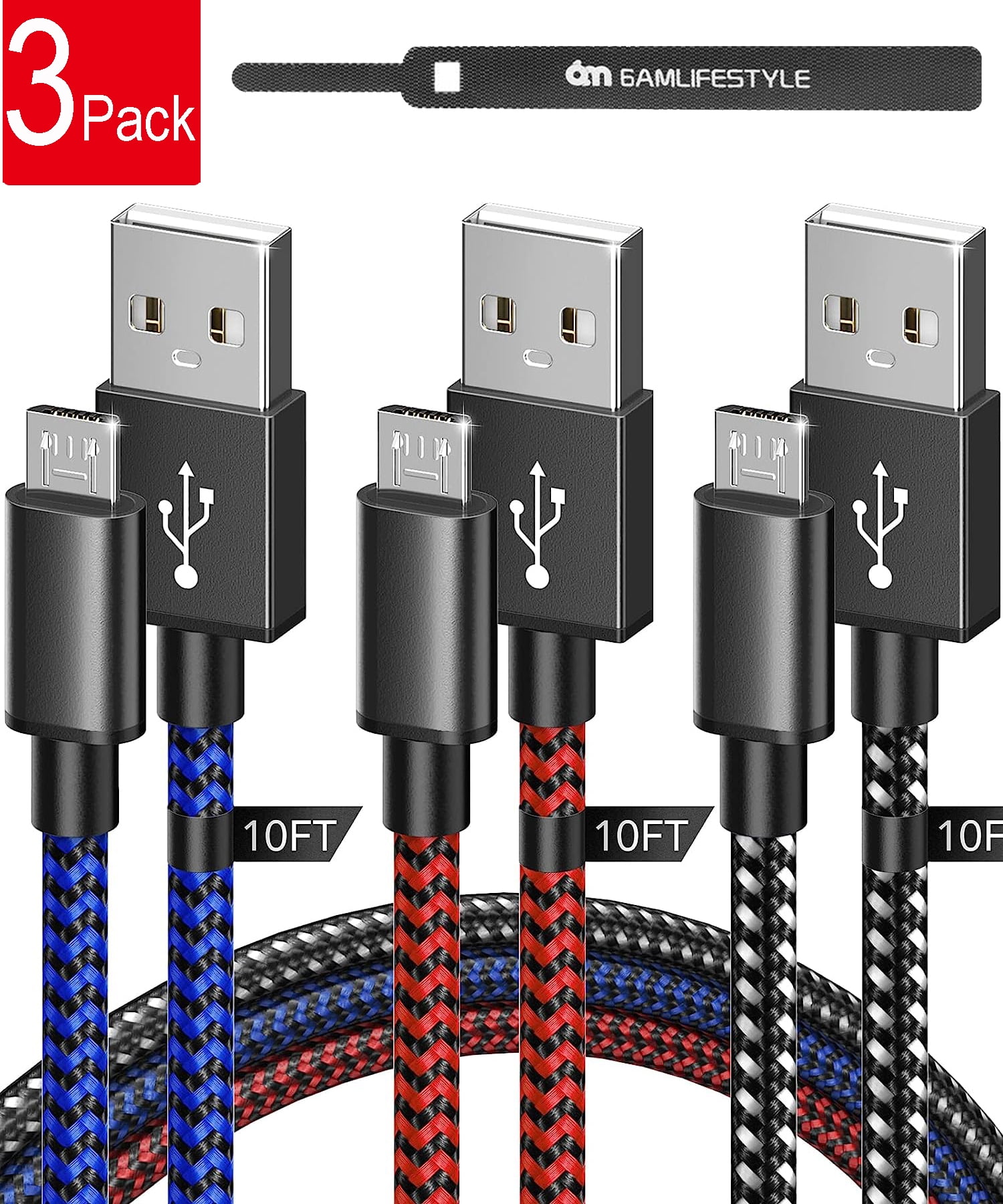 [3 Pack 10FT] PS4 Controller Charger Charging Cable Nylon Braided Micro ...
