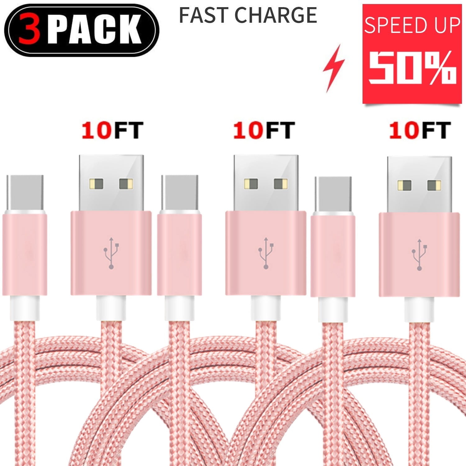 Yafe 3-Pack 10FT Pink USB-C Charger Cord, 3A Fast Charging, Nylon ...