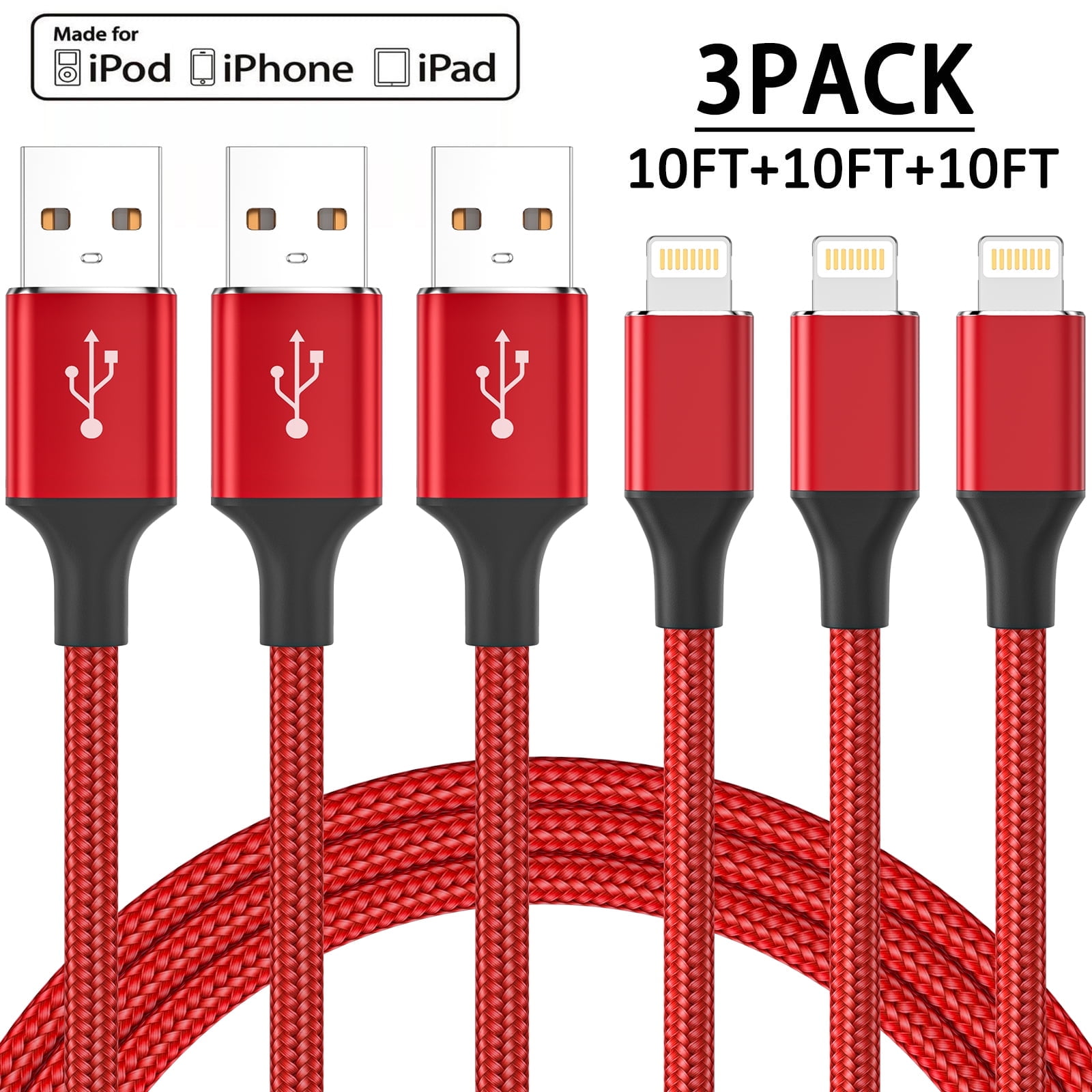 3 Pack 10ft iPhone Charger, MFi Certified, Fast Charge, Braided USB ...