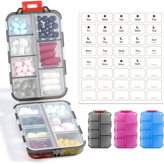 3 Pack, 14 GRIDS Travel Pill Organizer Box with Labels - Travel ...