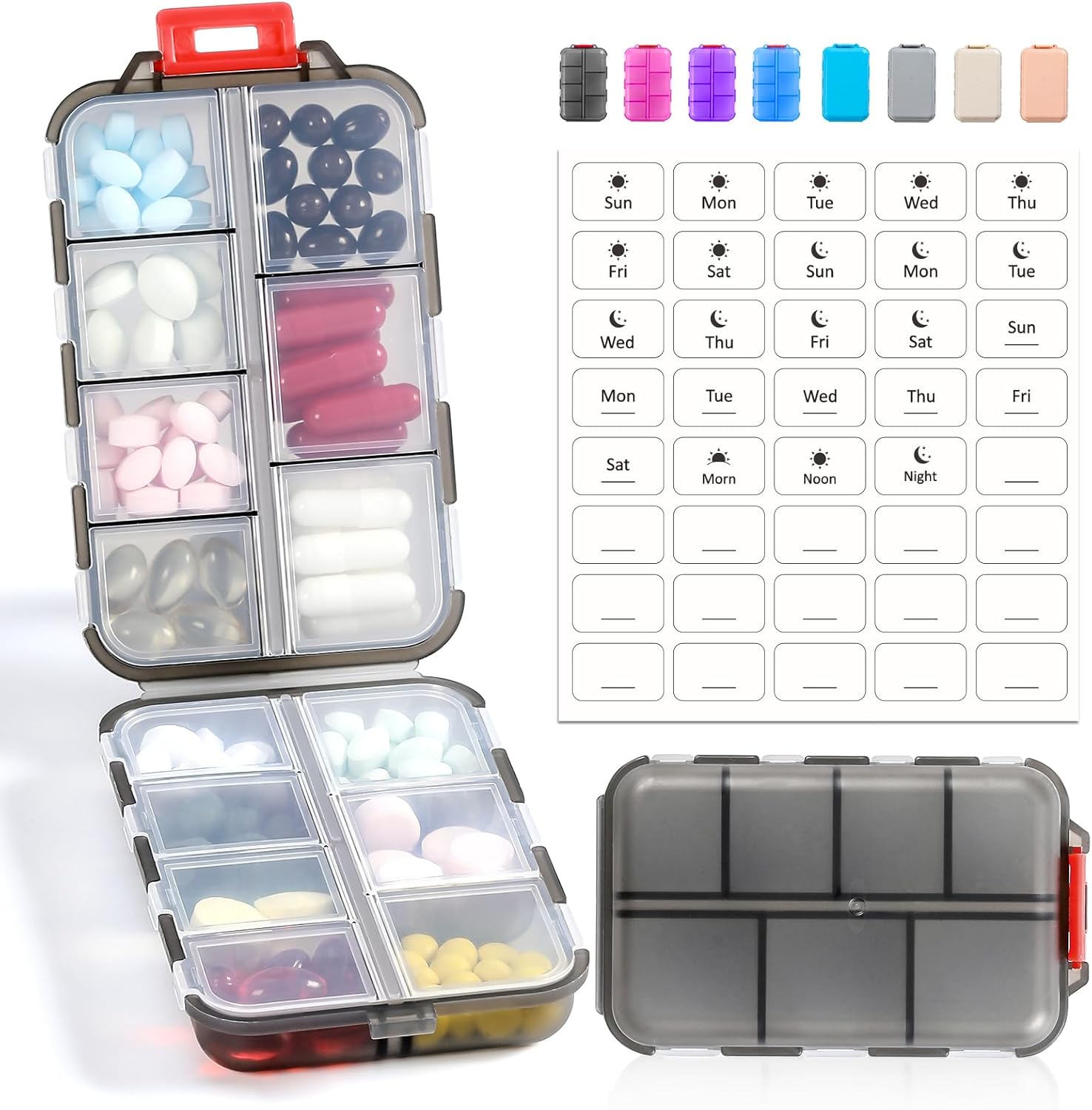 3 Pack, 14 GRIDS Travel Pill Organizer Box with Labels - Travel ...
