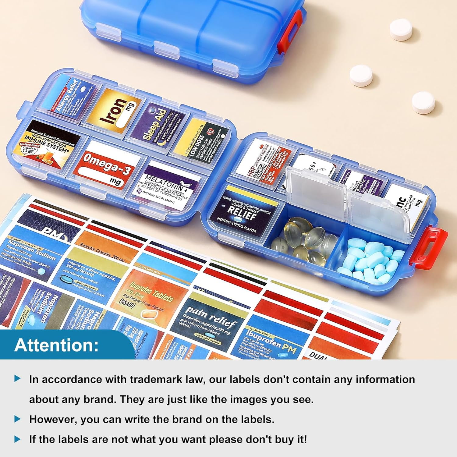 3 Pack, 14 GRIDS Travel Pill Organizer Box with Labels - Travel ...