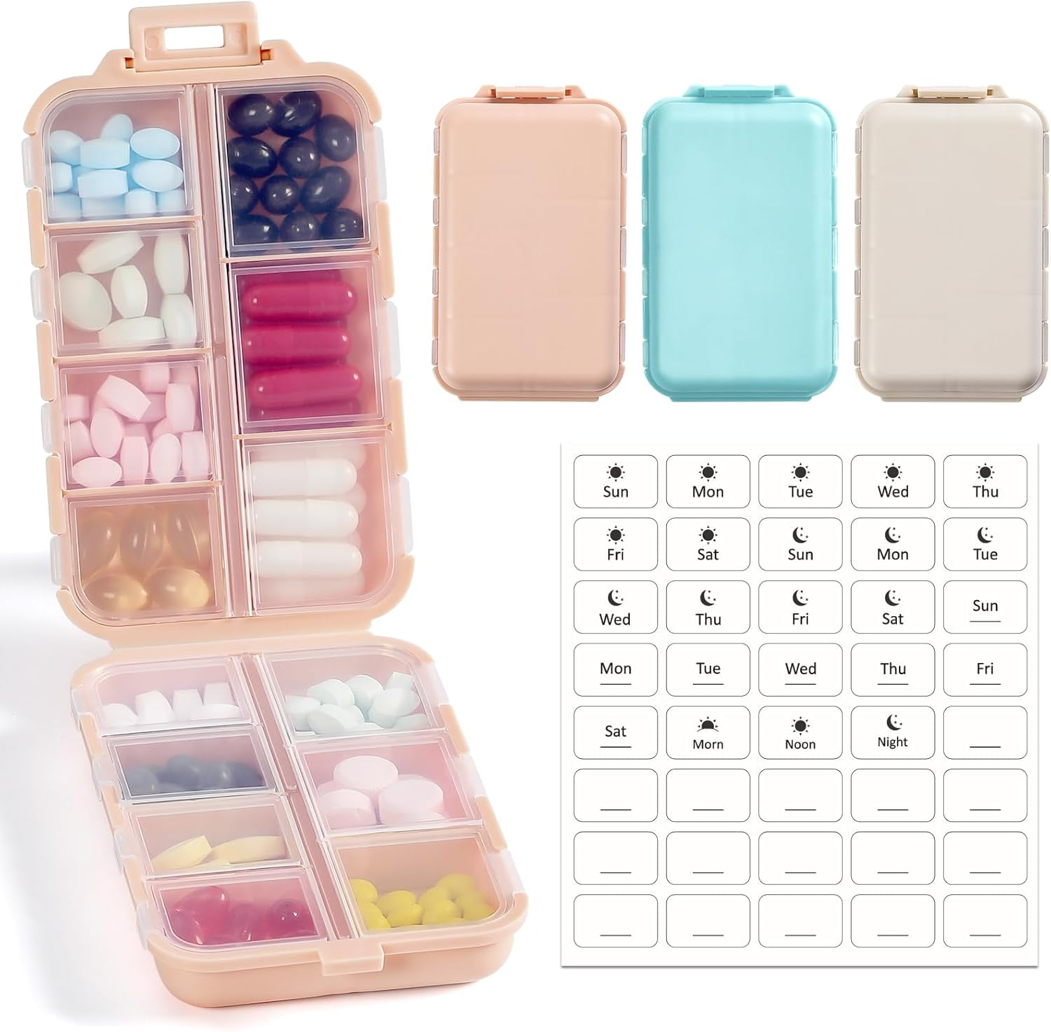 3 Pack 14 Grids Pill Organizer with White Labels, Portable Medicine Box ...