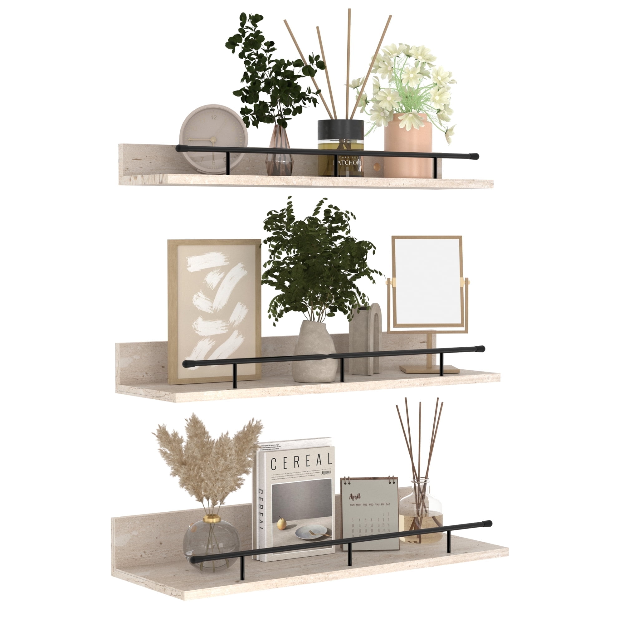 CRUGLA 3 Pack 16 Inch Beige Floating Wall Shelves with Black Metal ...