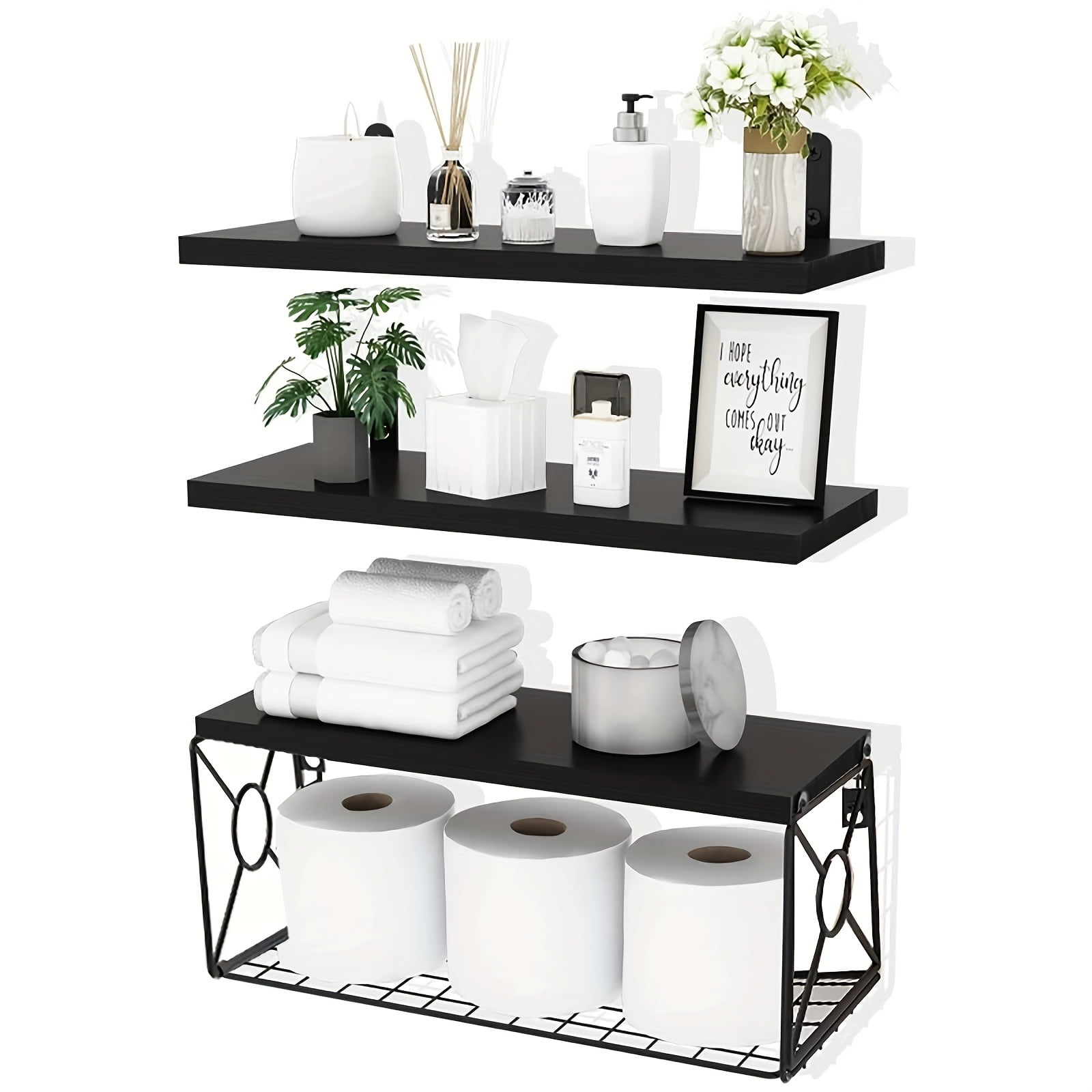 3-Pack 16-Inch Floating Shelves (Black/Brown) - Wall-Mounted Bathroom ...