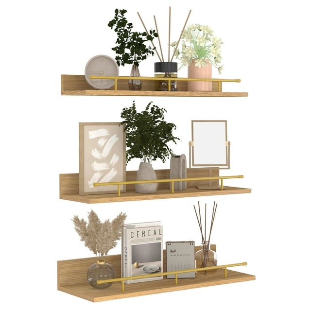 Walmart 3 Pack 16 Inch Unique Floating Wall Shelves with Gold Metal ...